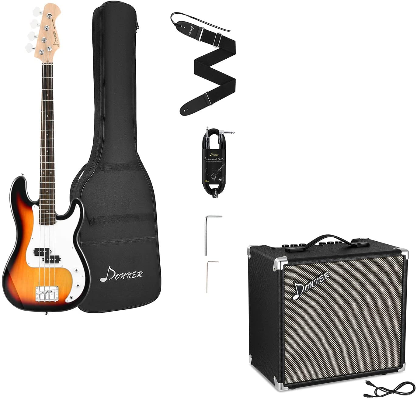 Donner DPB-510S Full-Size Full Size 4 Strings Electric Bass Guitar Sunburst Beginner Starter Kit with Bag & 30W Bass AMP Bass Combo Amplifier DBA-30
