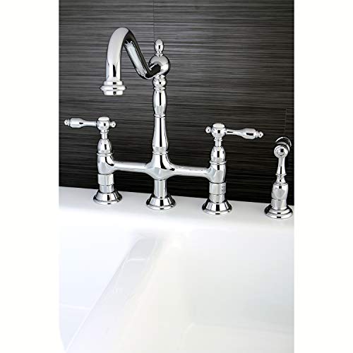 Kingston Brass KS1271TALBS Tudor 8 Inch Center Kitchen Faucet With Brass Sprayer, Polished Chrome, 8-3/4 inch in Spout Reach, Polished Chrome