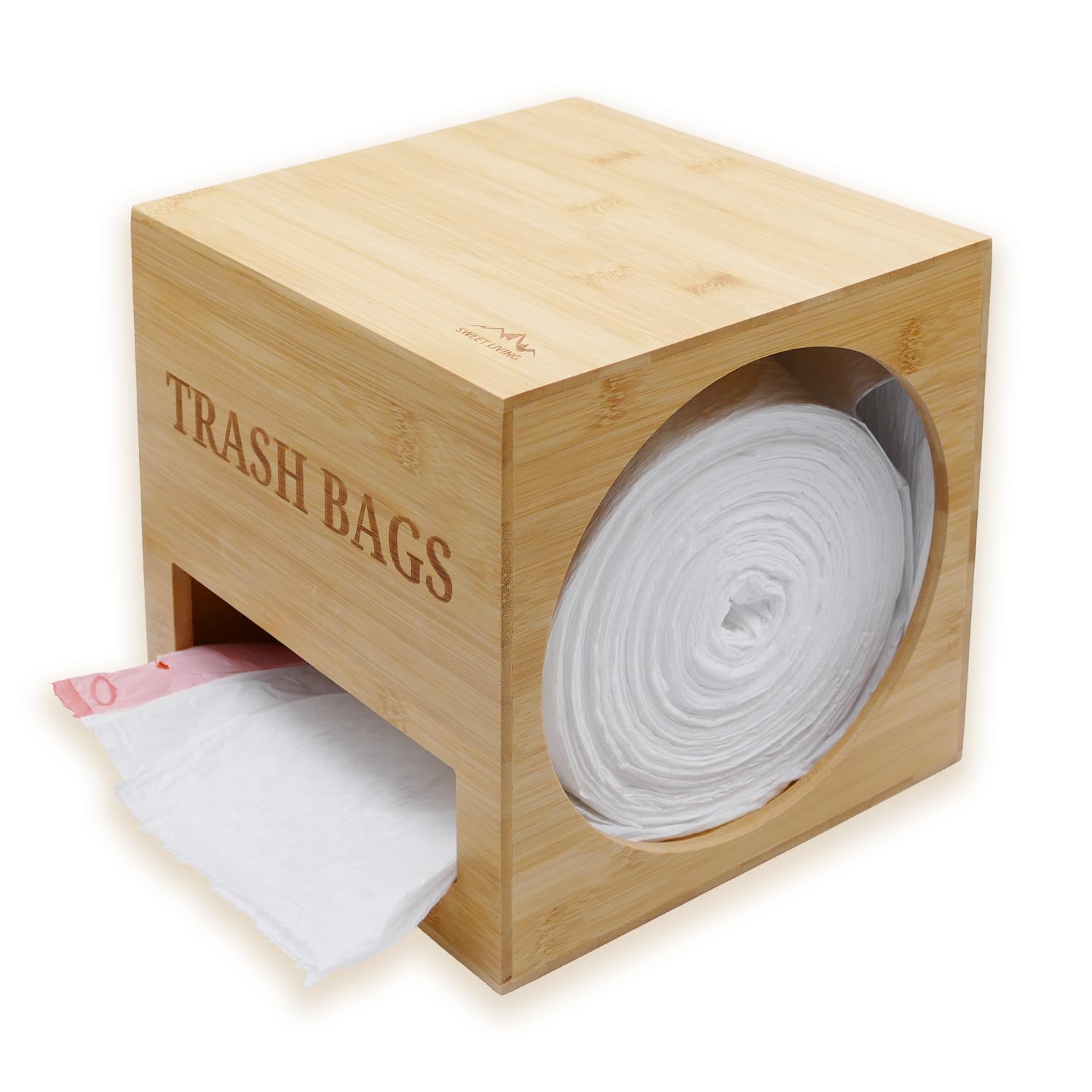 Largest Club Size Trash Bag Holder 10"x8.25"- Dispenser Holds 200 Bags & Regular Size Rolls, Convenient Design, Countertop or Wall-Mounted, Sturdy Bamboo, Easy to Clean
