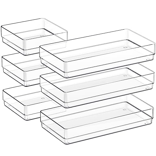 SMARTAKE 6 PCS Clear Plastic Drawer Organizers Set, Large Size Non-Slip Desk Drawer Organizer, 2-Size Versatile Bathroom and Vanity Drawer Organizer Trays for Makeup, Bedroom, Office, Kitchen Utensils