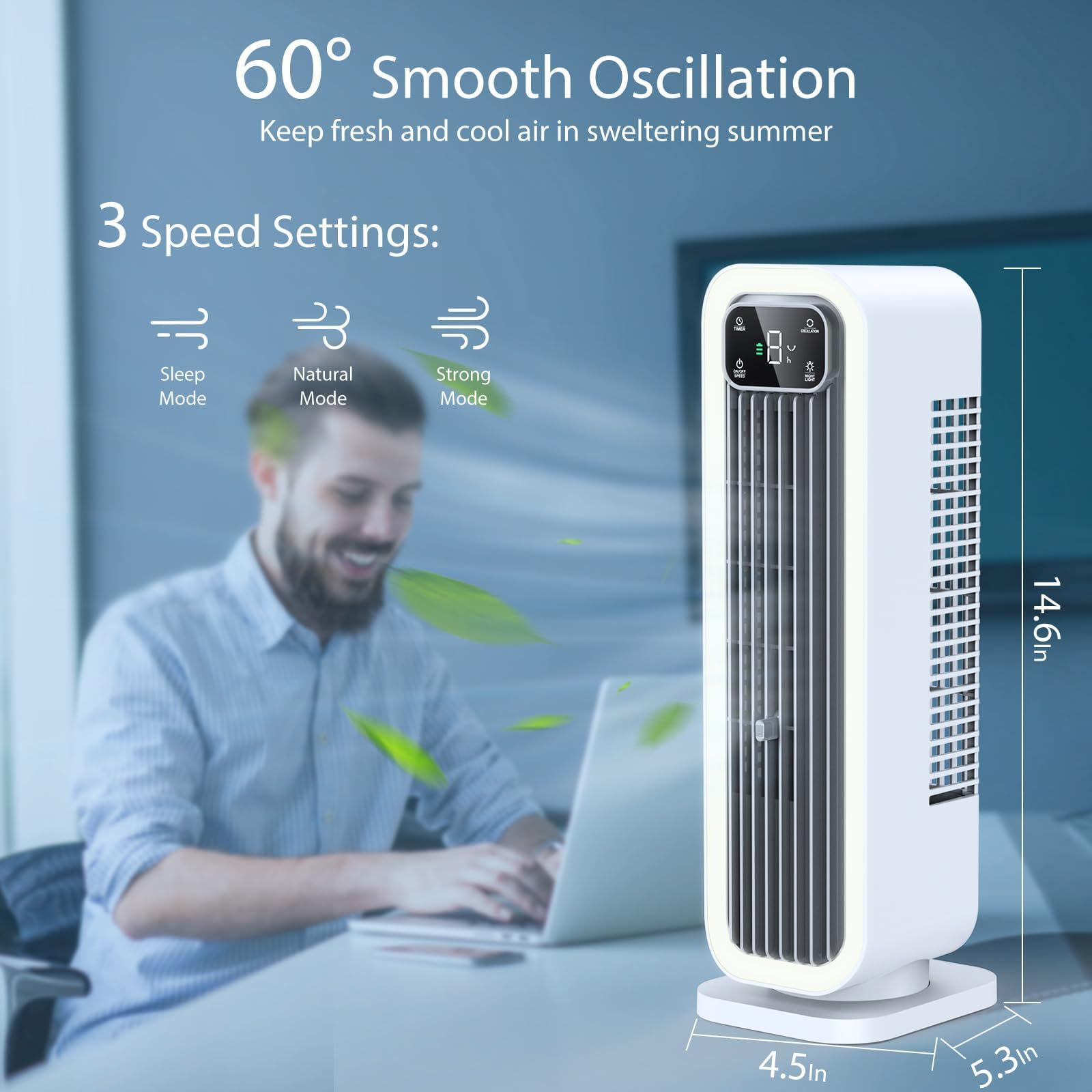 Oscillating Tower Fan, Bladeless Desk Fan 15 inch 12000mAh Battery Operated Portable Table Fan for Bedroom Office Home, Small Standing Fan for Rooms Desktop with Touch Control, Timer, Dimmable Light