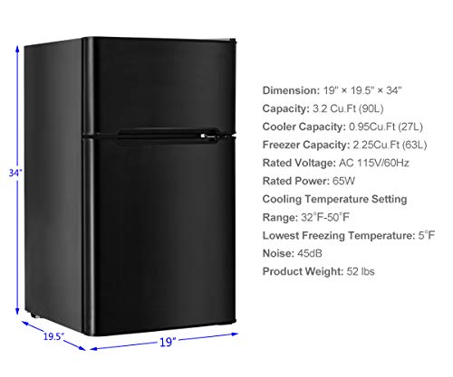 Toolsempire Mini Fridge,3.2 Cu.FT Compact Refrigerator with Freezer, Dual Door Refrigerator with Adjustable Temperature & Removable Glass Shelves, Mini Fridge for Dorm, Office, Bedroom, Kitchen(Black)