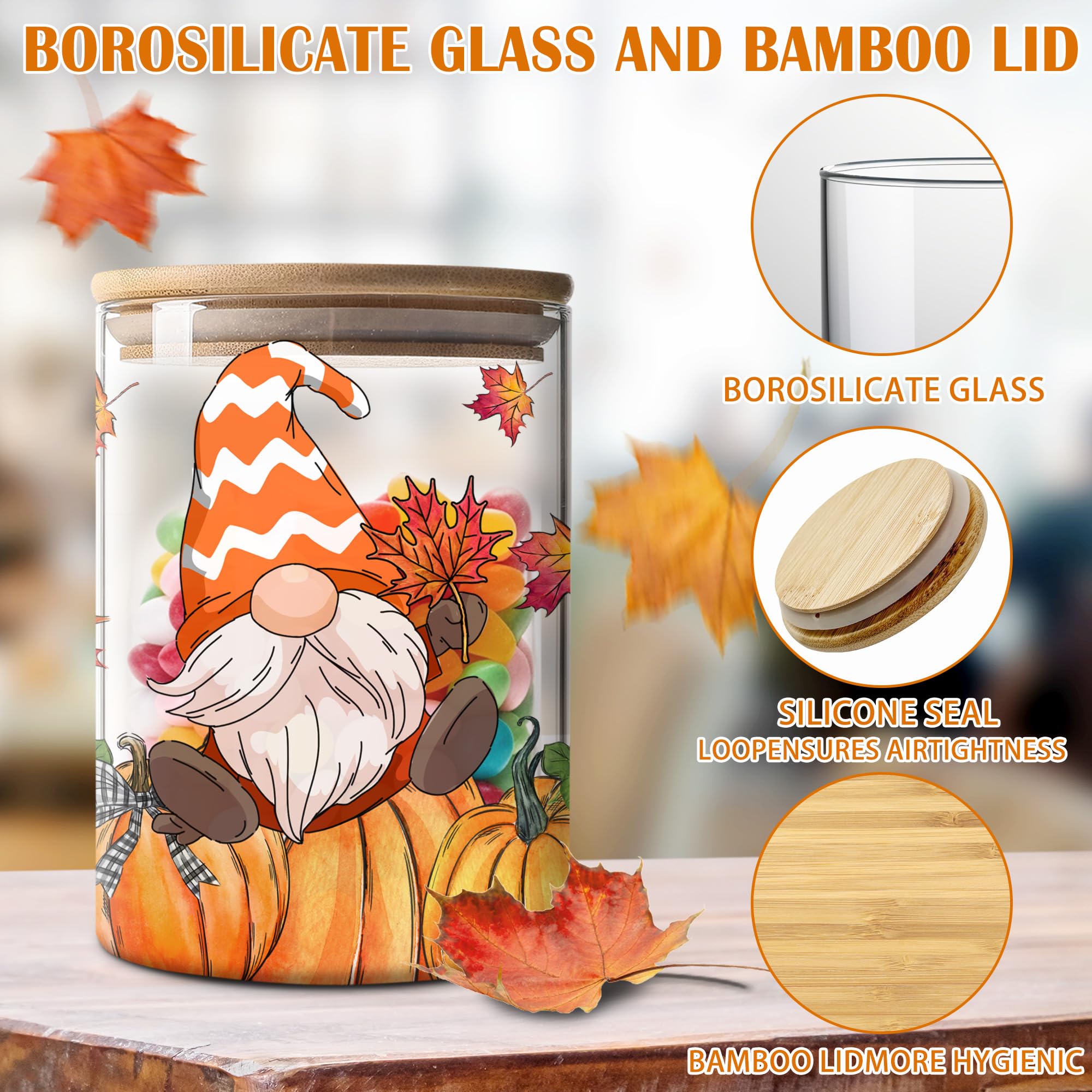 Fall Decor 3 Pack Glass Storage Jars with Airtight Bamboo Lid-Fall Pumpkin Gnomes Canisters Sets for Kitchen Countertop Autumn-Clear Fall Glass Storage Jars for Coffee Bean, Cookie, Candy, Tea, Flour