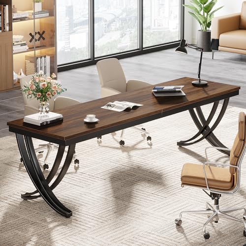 LITTLE TREE 2 Person Computer Desk, 78.7-Inch Extra Long Executive Desk, Large Office Desk for Two People, Wooden Double Writing Desk Study Table for Home Office, Black and Rustic Brown