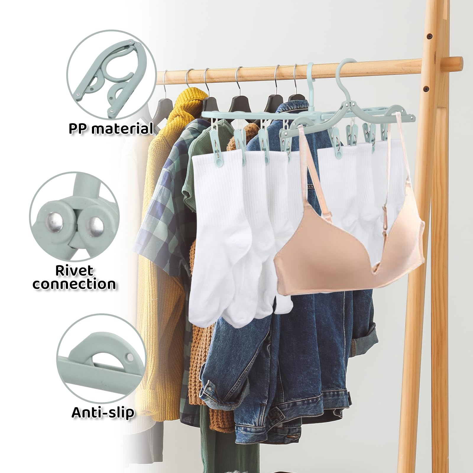 LMSAWK Hangers Foldable for Suitcase, Plastic Portable Hangers, Folding Sock Rack, Hangers for Traveling Camping RV Cruises, 12 Pcs of Hanger Add One Sock Clip, Bule