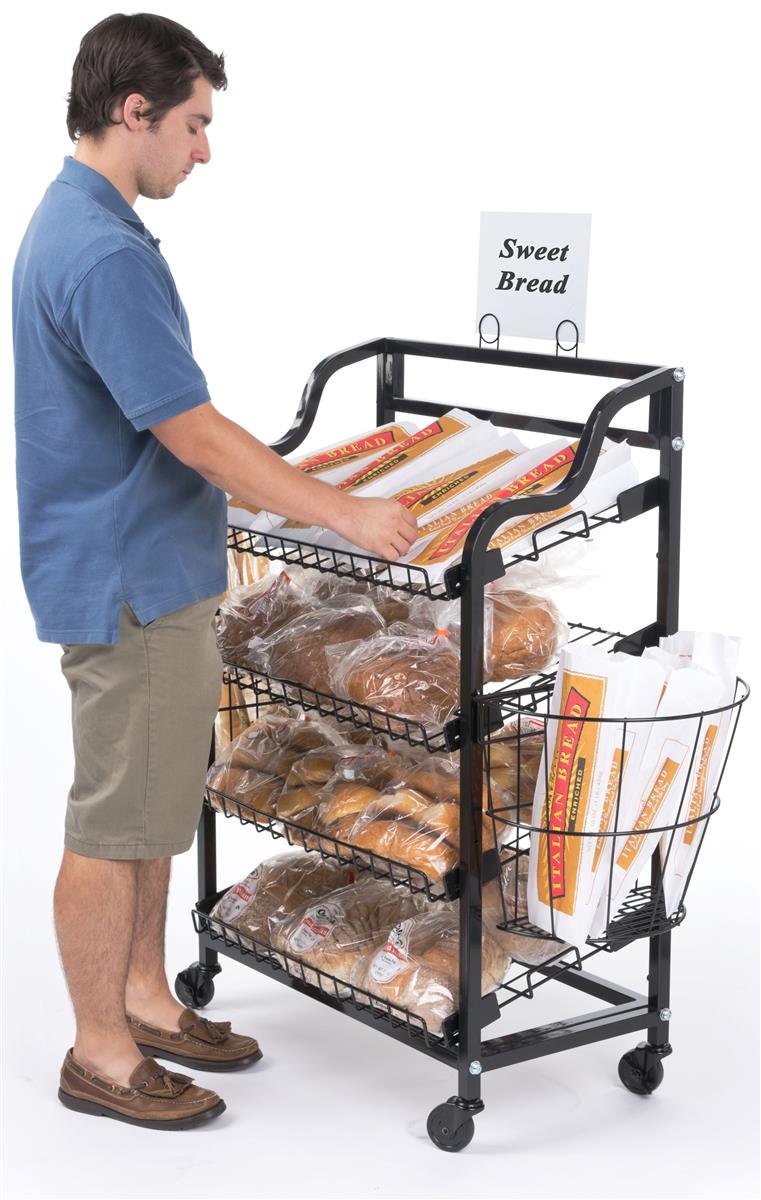 Displays2go “Fresh Baked” Bakery Merchandiser with Adjustable Shelves, (2) Side Baskets for Baguettes, (2) Sign Holder Options, Locking Wheels, Black