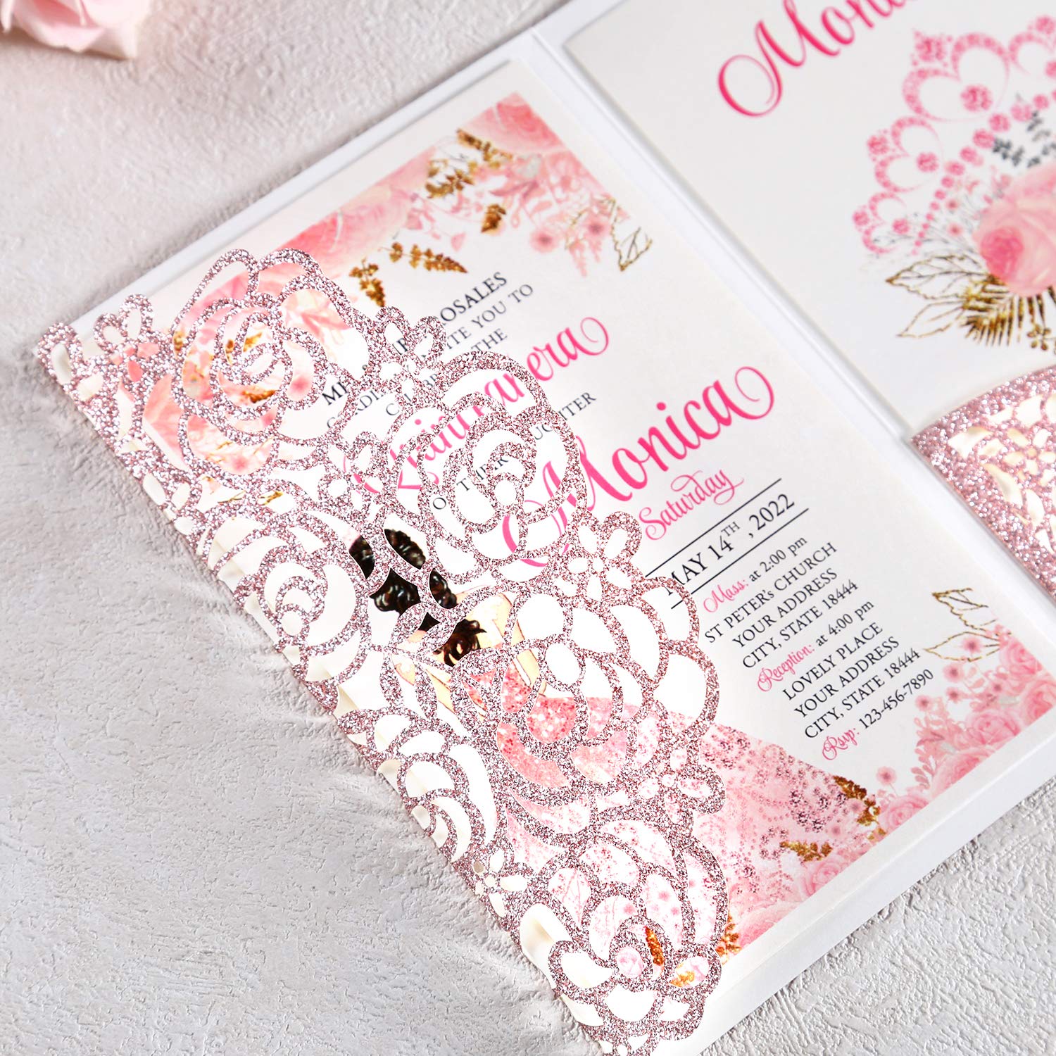 DreamBuilt 4.7x7 inch 50PCS Blank Rose Gold Glitter Quinceanera Invitations Kit, Laser Cut Hollow Rose Quinceanera Invitation Cards with Envelopes