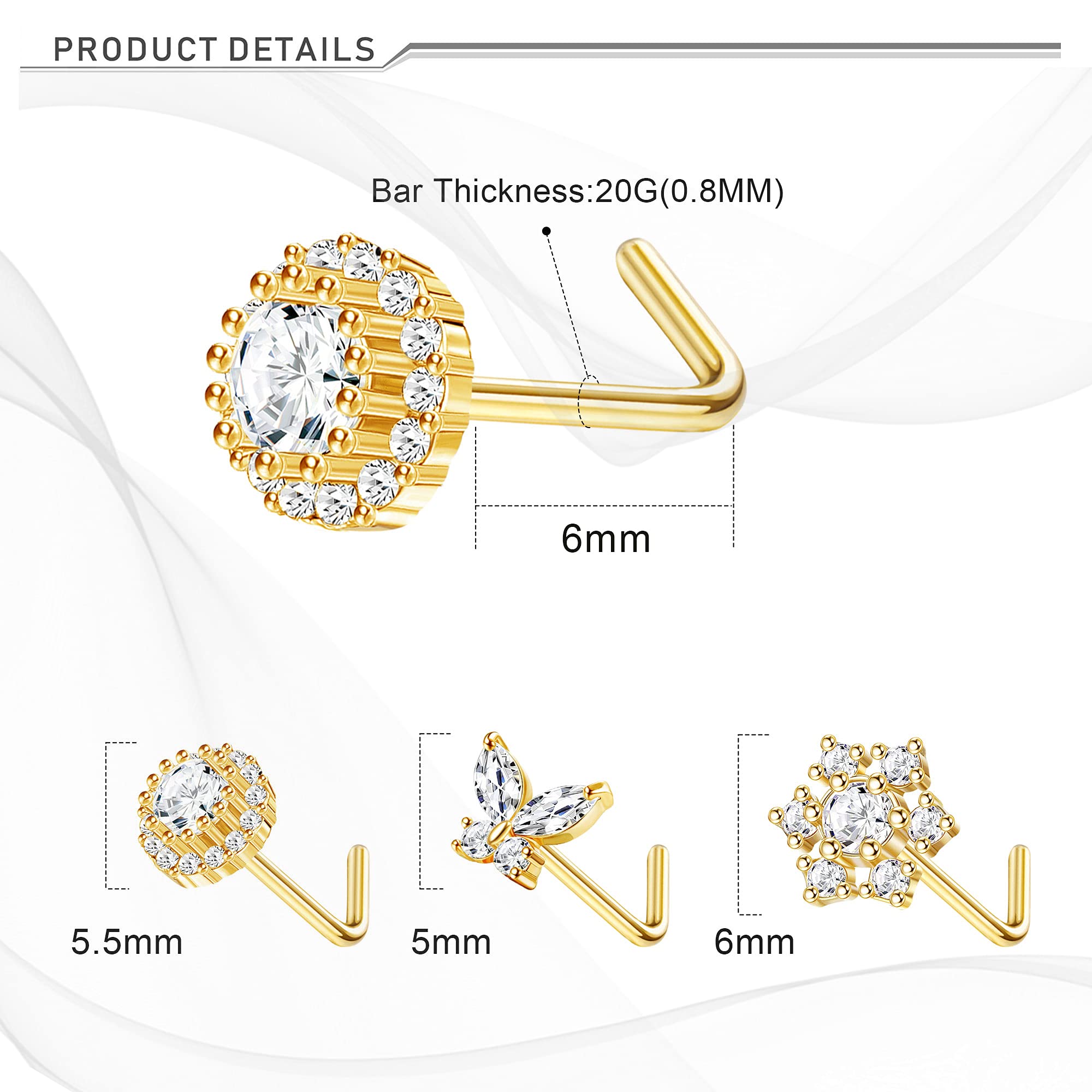 Drperfect 9PCS Nose Ring Stud for Women 20G Stainless Steel L-Shape Nose Rings CZ Butterfly Snowflake Nose Studs Assorted Nose Piercing Jewelry (Gold Tone)