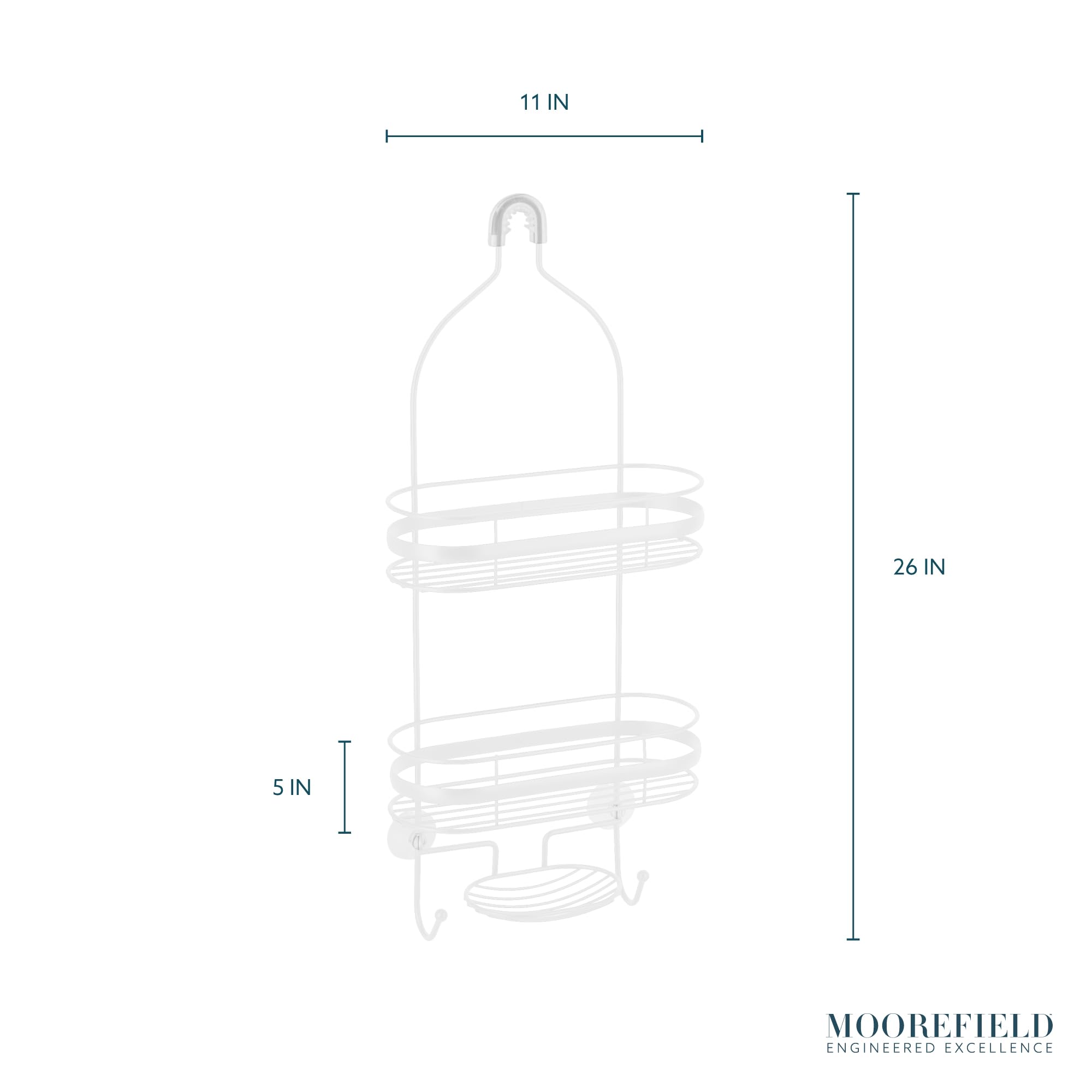 Moorefield 3 Tier hanging shower caddy with banded accents, non-slip neck, and suction cups (Matte White)