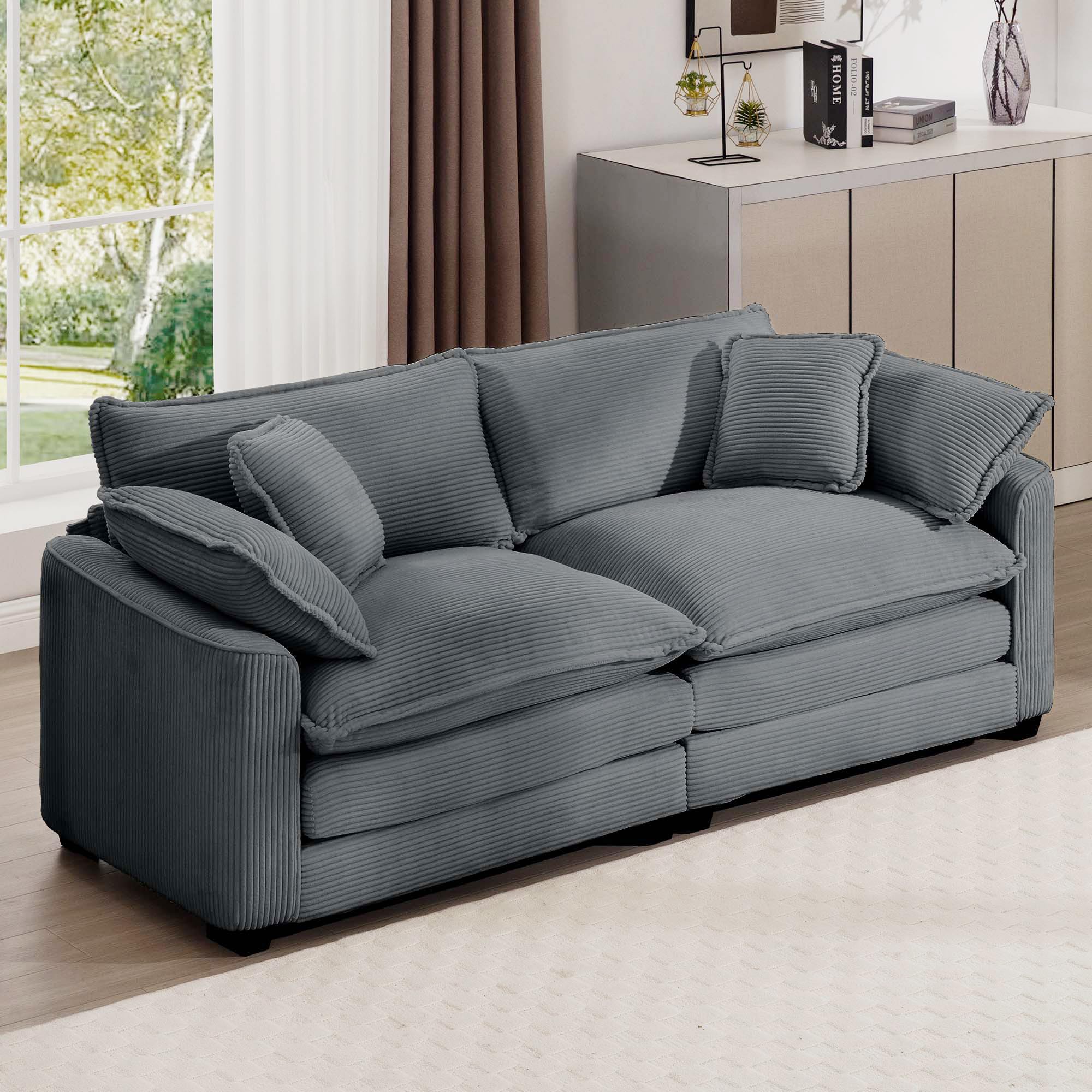 mikibama Luxury Modular Sectional Sofa, 80 Inch Modern Corduroy Comfy Cloud Couches for Living Room Office, Loveseat Deep Sofa with 2 Armrest Pillows and 2 Toss Pillows, Grey