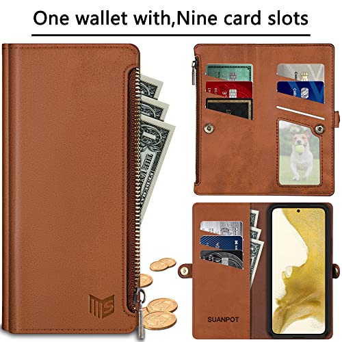 SUANPOT for iPhone 14 Pro Max Wallet case 【RFID Blocking】【9 Card Slot】【Pocket】,Credit Card Holder Flip Folio Book Zipper PU Leather Protective Cover Women Men for 14 ProMax Phone case Light Brown