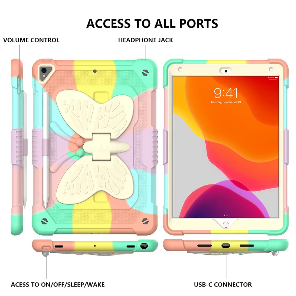 Tading iPad 9th 8th 7th Generation Case for Kids with Pencil Holder, iPad 10.2 Case, Butterfly Kids Proof Kickstand Cover for Girls for iPad 10.2 inch 2021 2020 2019 - Rainbow