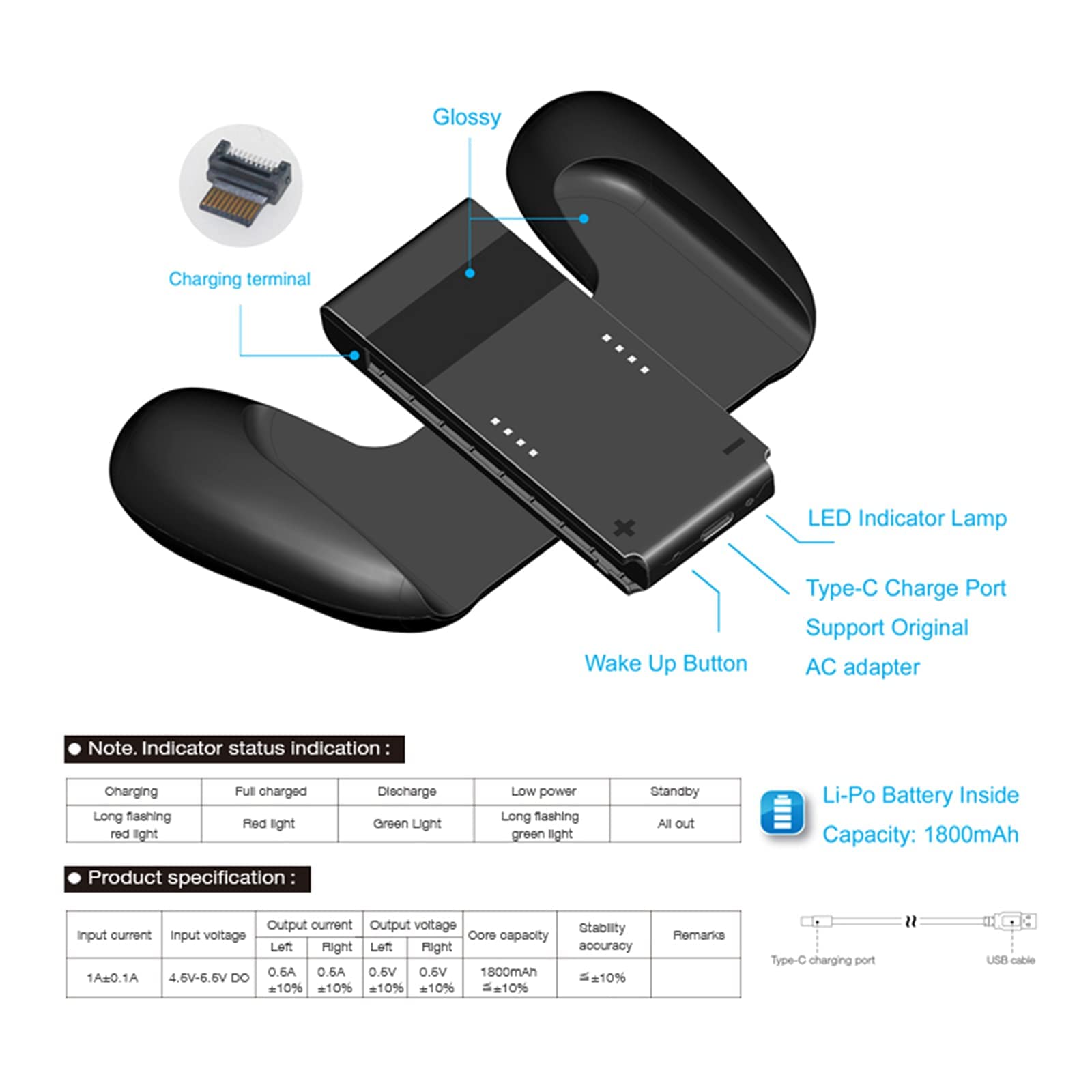 Dobe Joy Con Charging Grip with 1800mAh Battery, 2-in-1 Comfort Grip for Nintendo Switch Joy-Con Controller, Joycon Charger with 32in USB-C Cable, Power & Charge Indicators, Overcharge Protection