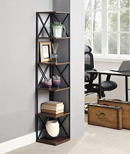 RAAMZO 6-Tier Industrial Wall Corner Bookshelf Bookcase Display Storage Rack Accent Etagere with X-Design in Walnut Finish and Black Frame
