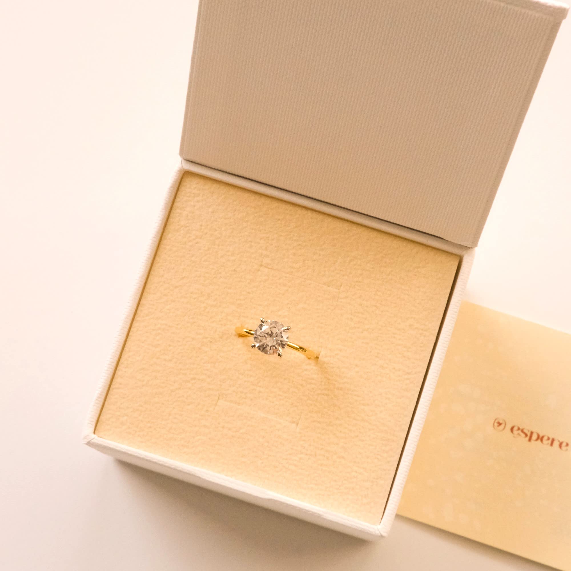 espere 18K Gold Plated Sterling Silver 2 Carat Cubic Zirconia Solitaire Engagement Ring | Women's Thin Band CZ Promise Ring (Round Cut, 4)