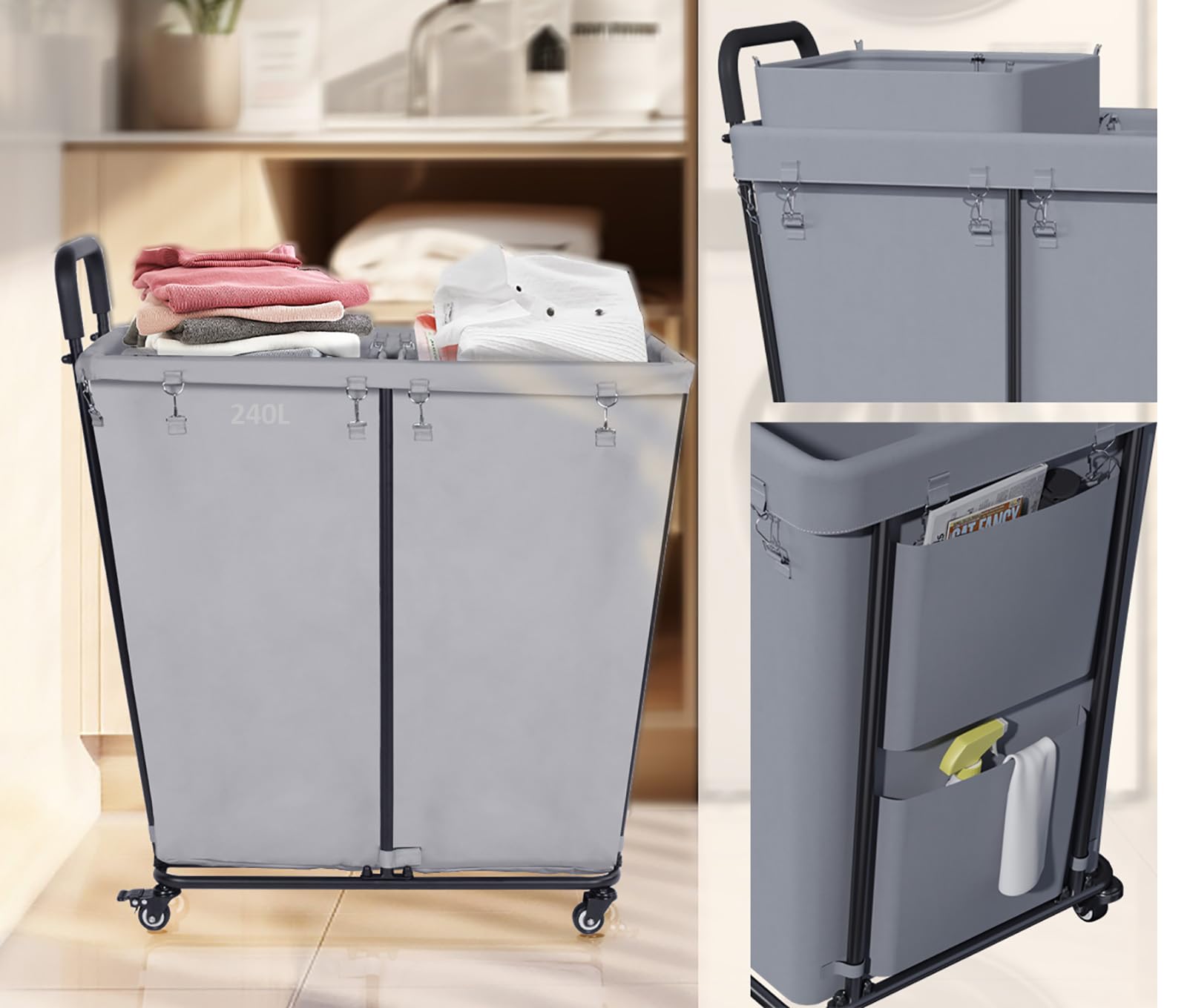 mopam 2 Section Laundry Hamper with Wheels, 240L Rolling Laundry Sorter Cart with Heavy Duty Metal Frame, Large Commercial Laundry Basket with Handles and Removable Oxford Bags, Gray