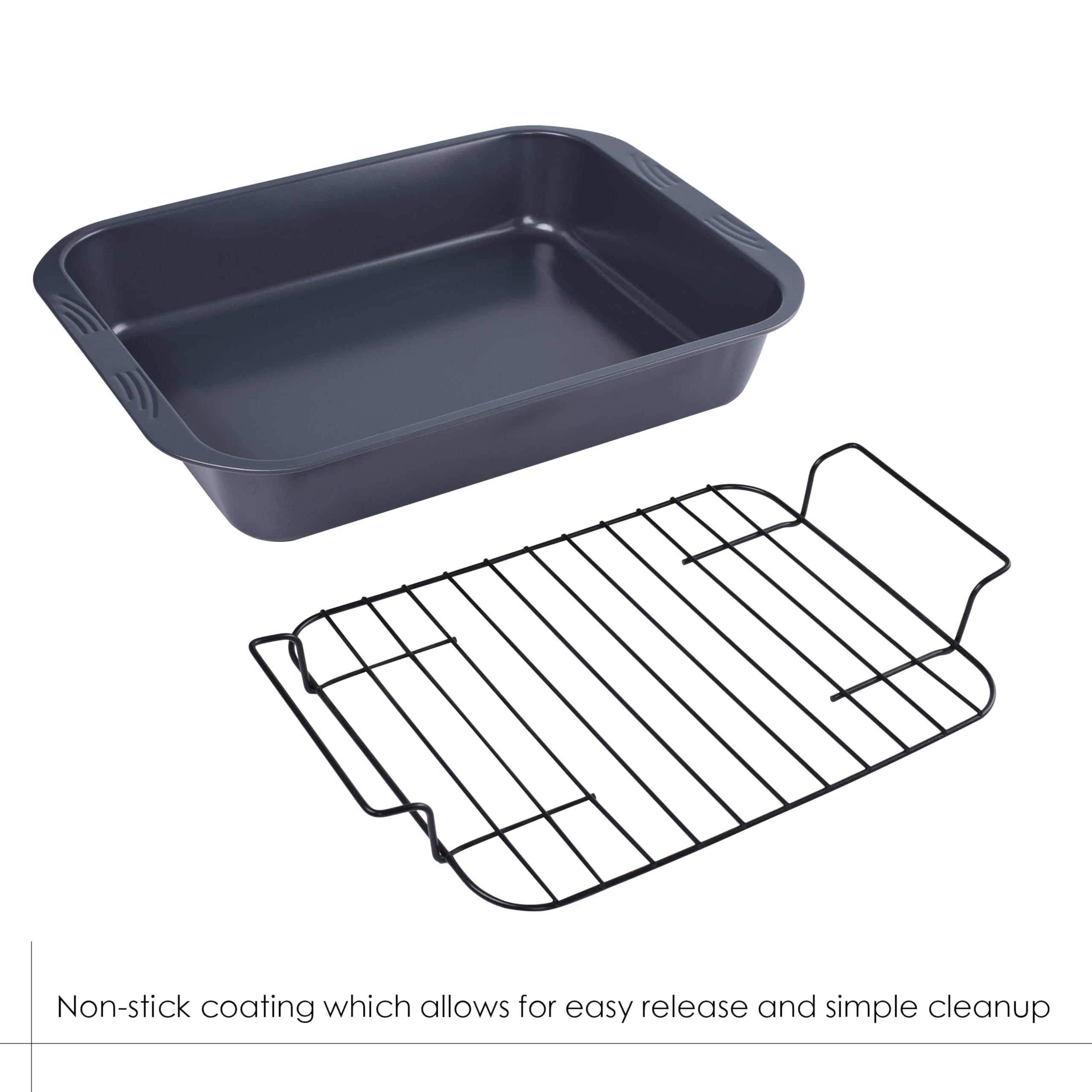MEIHORSY Roasting Pans with Rack, 15x10.5x2.5 Inch Turkey Roaster for Small Turkey, Chicken, Meats & Veggies, Lasagna(Gray)