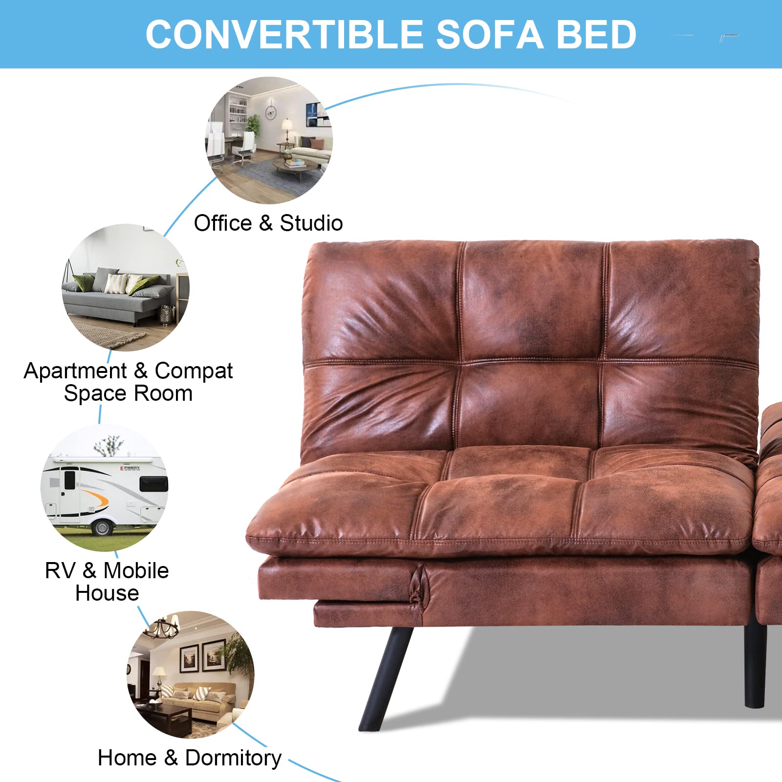 MUUEGM Futon Sofa Bed Couch,Memory Foam Convertible Futon Sleeper,Loveseat Splitback Sofa with Adjustable Armrest Backrest for Living Room,Office,Dorm,Apartment,71'' Futon,Faux Leather,Brown