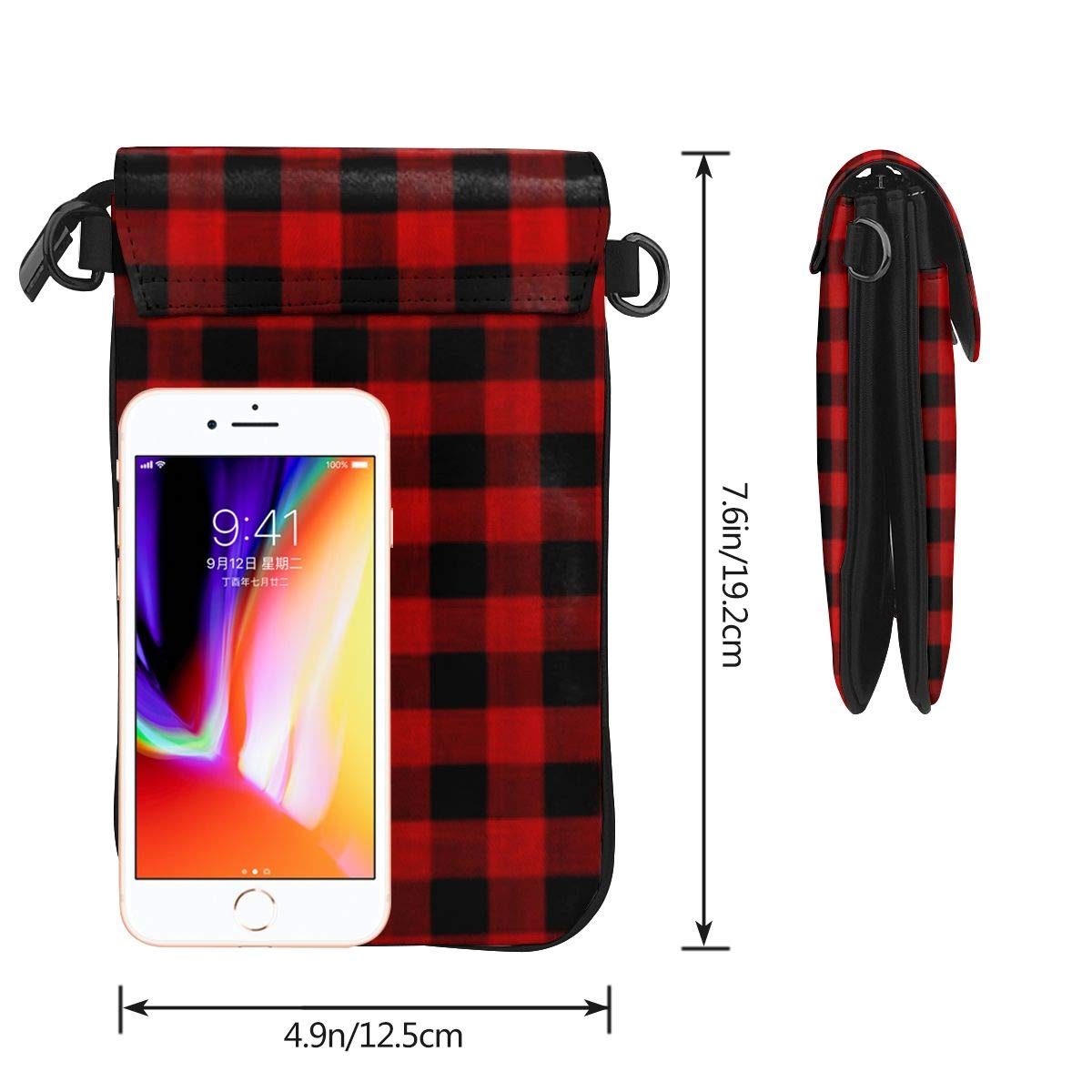 YongColer Fashionable Red Black Buffalo Check Plaid Pattern Cell Phone Small Shoulders Bag Crossbody Pouch Smartphone Outdoor Pack For Travel Work Shopping Walking