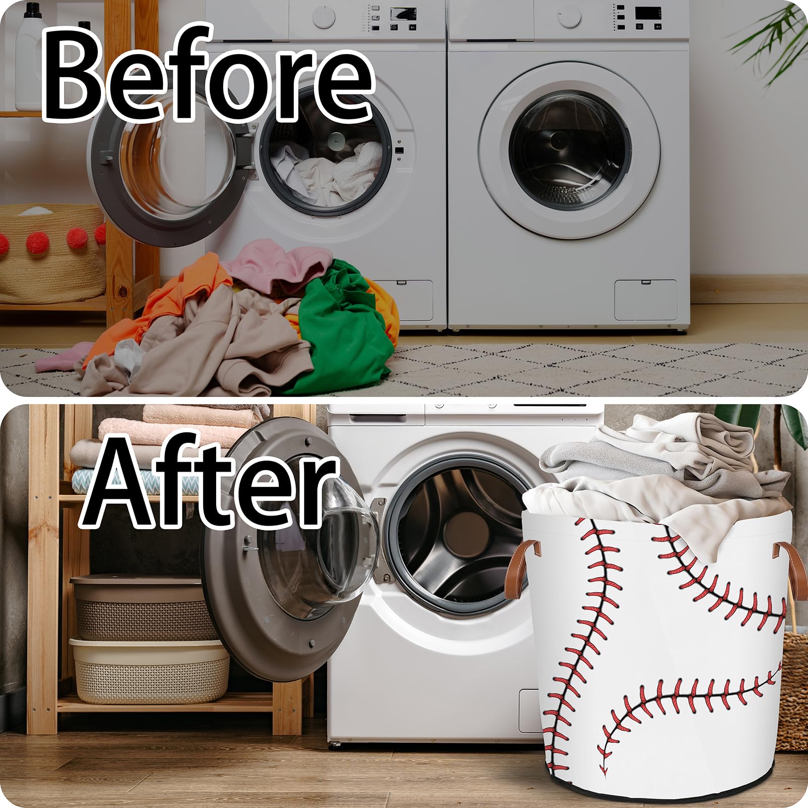Mozaigos Baseball Texture Laundry Basket Waterproof Collapsible Laundry Hamper Tote With Handles Toy Storage Basket Organizer Dirty Clothes Hamper for College Dorm, Bathroom, Bedroom, Living Room