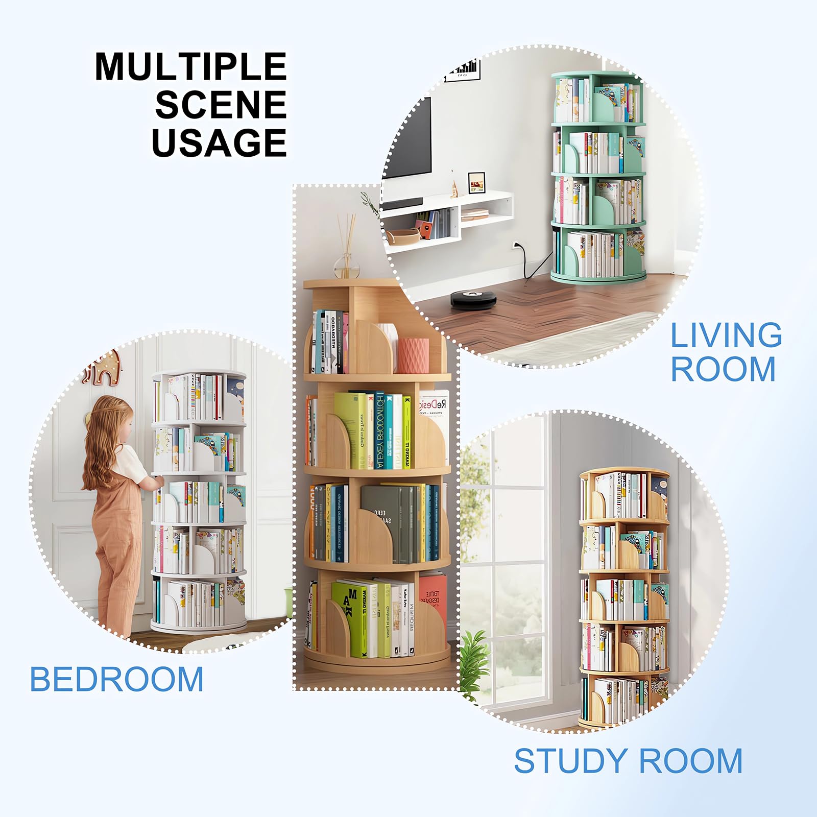 Rotating Bookshelf Tower, 4/5 Tier Circular Bookshelf for Kids&Adults, 18 in Wood 360° Floor Standing Book Storage Rack, Spinning Bookshelf Tower for Classroom Playroom Study Bedroom (White, 1-5)