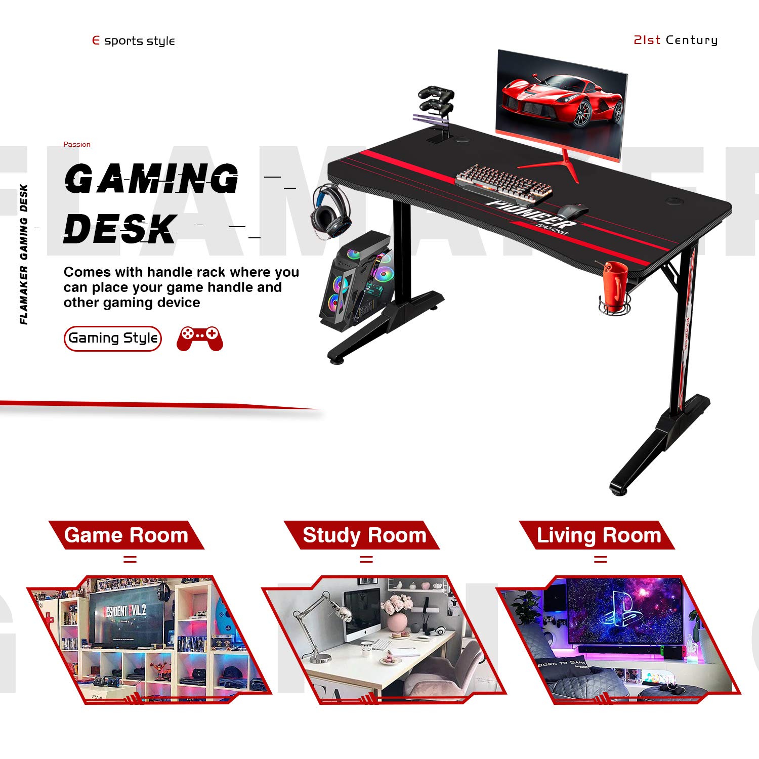 Flamaker Gaming Desk 44 Inch Gaming Table Computer Desk Gamer Table T Shape Game Station with Large Carbon Fiber Surface, Cup Holder & Headphone (Black)