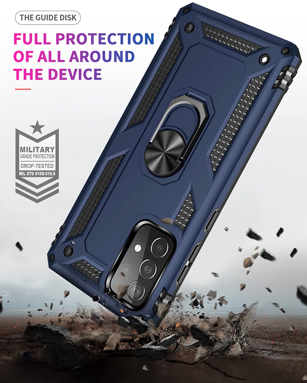 for Samsung A52 Case, Galaxy A52 Case with HD Screen Protector, Military-Grade Ring Holder Kickstand Car Mount 15ft Drop Tested Shockproof Cover Phone Case for Samsung Galaxy A52, Blue