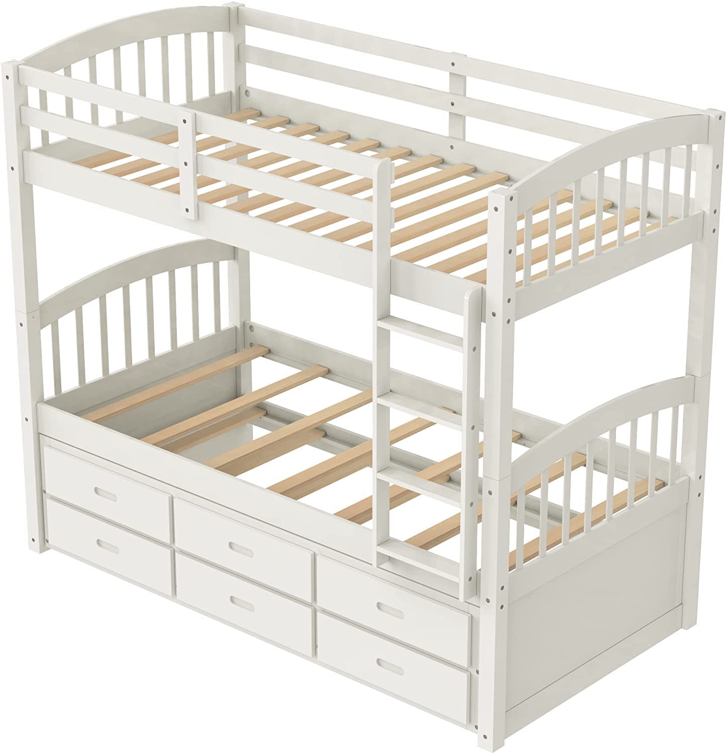 DNYN Twin Over Twin Bunk Bed with Trundle and 3 Storage Drawers for Kids/Adult Bedroom,Solid Wood Bedframe,Space-Saving Design & No Box Spring Needed, White