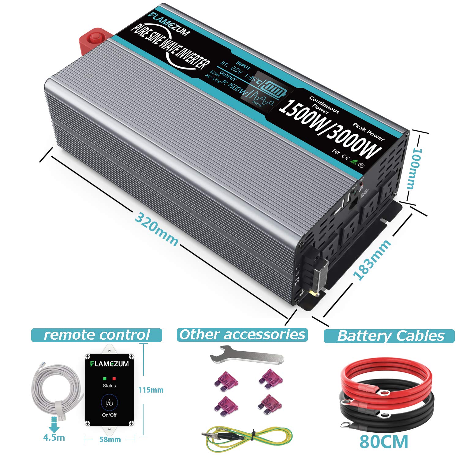 FLAMEZUM 1500W Pure Sine Wave Power Inverter DC 12v to AC 110v-120v Sump Pump Battery Backup System Peak Power 3000W with Remote Control LCD Display Sump Pump Battery Backup System
