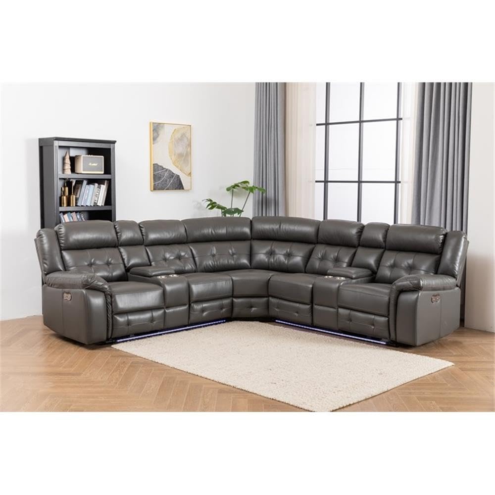 Kingway Furniture Arvelli 100" Power Reclining Faux Leather Sectional in Gray