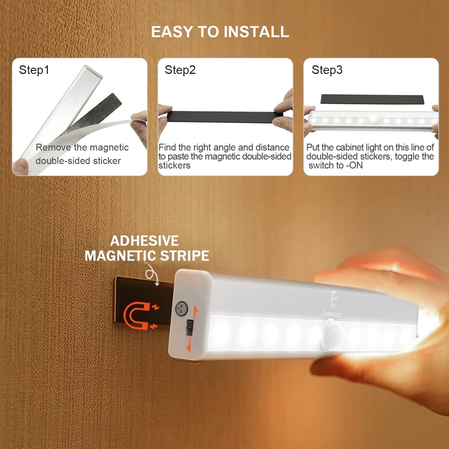 Easiecom Under Cabinet Lights Wireless, USB Rechargeable 10-LEDs Closet Lights with Motion Sensor, LED Under Counter Lights for Kitchen Closet Hallway Stairway (4 Pack)