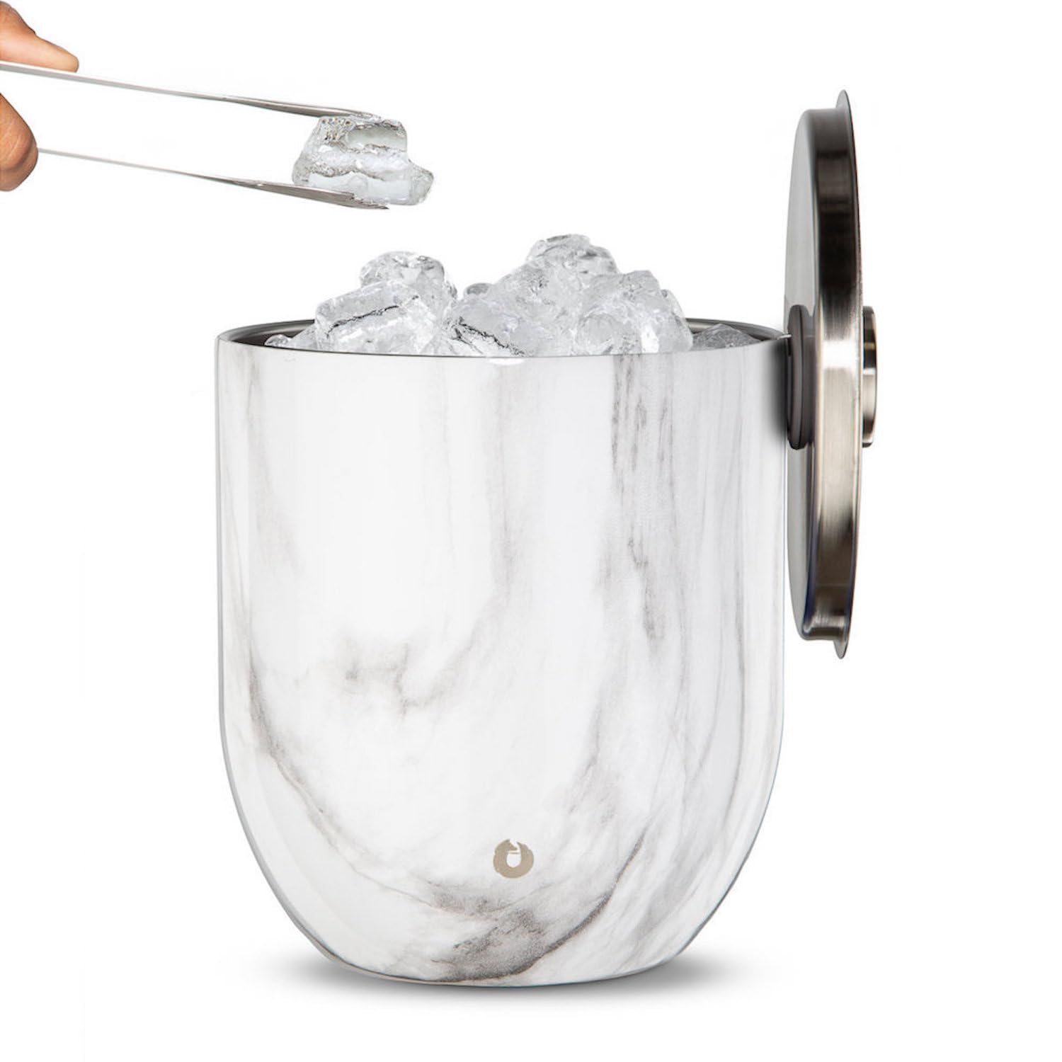 SNOWFOX Premium Vacuum Insulated Stainless Steel Ice Bucket with Lid/Tongs, Home Bar Accessories, Elegant Bartending Ice Buckets for Parties, Beautiful Outdoor Entertaining Supplies, 3L, Marble