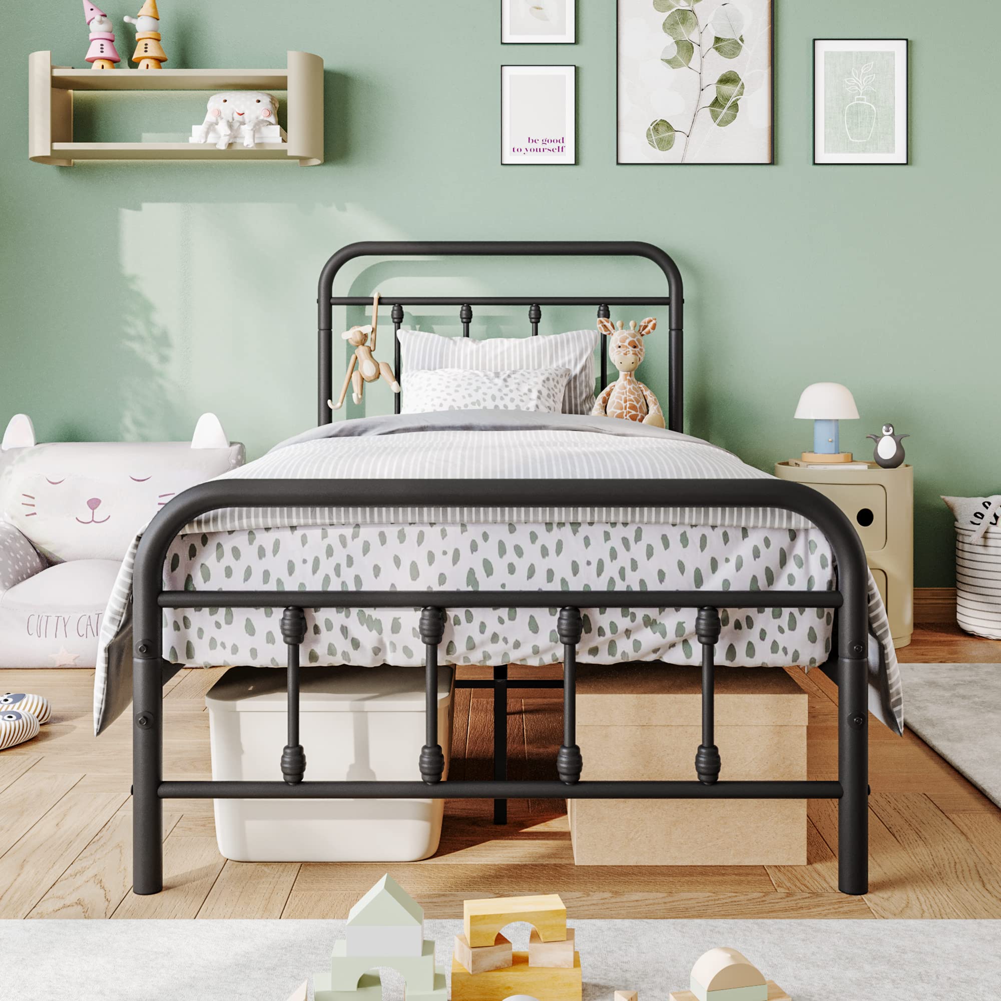 Elegant Home Products King Bed Frame with Headboard and Footboard,Metal Platform Bed Frame King Size,No Box Spring Needed,Mattress Foundation,Sturdy Steel Slat Support,Easy Assembly,Black