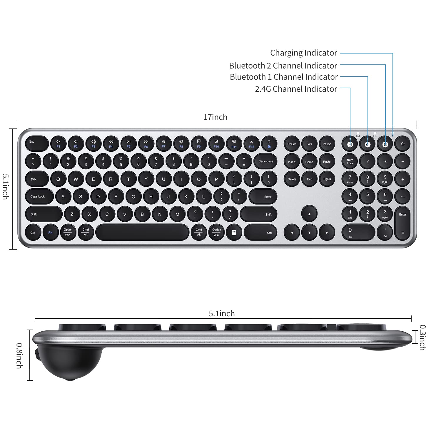 ZYTUA Multi-Device Bluetooth Keyboard, Dual Mode (Bluetooth & 2.4GHz) Full Size Rechargeable Wireless Keyboard with Round Keys, Support 3 Devices for Windows/iOS/Mac OS/Android
