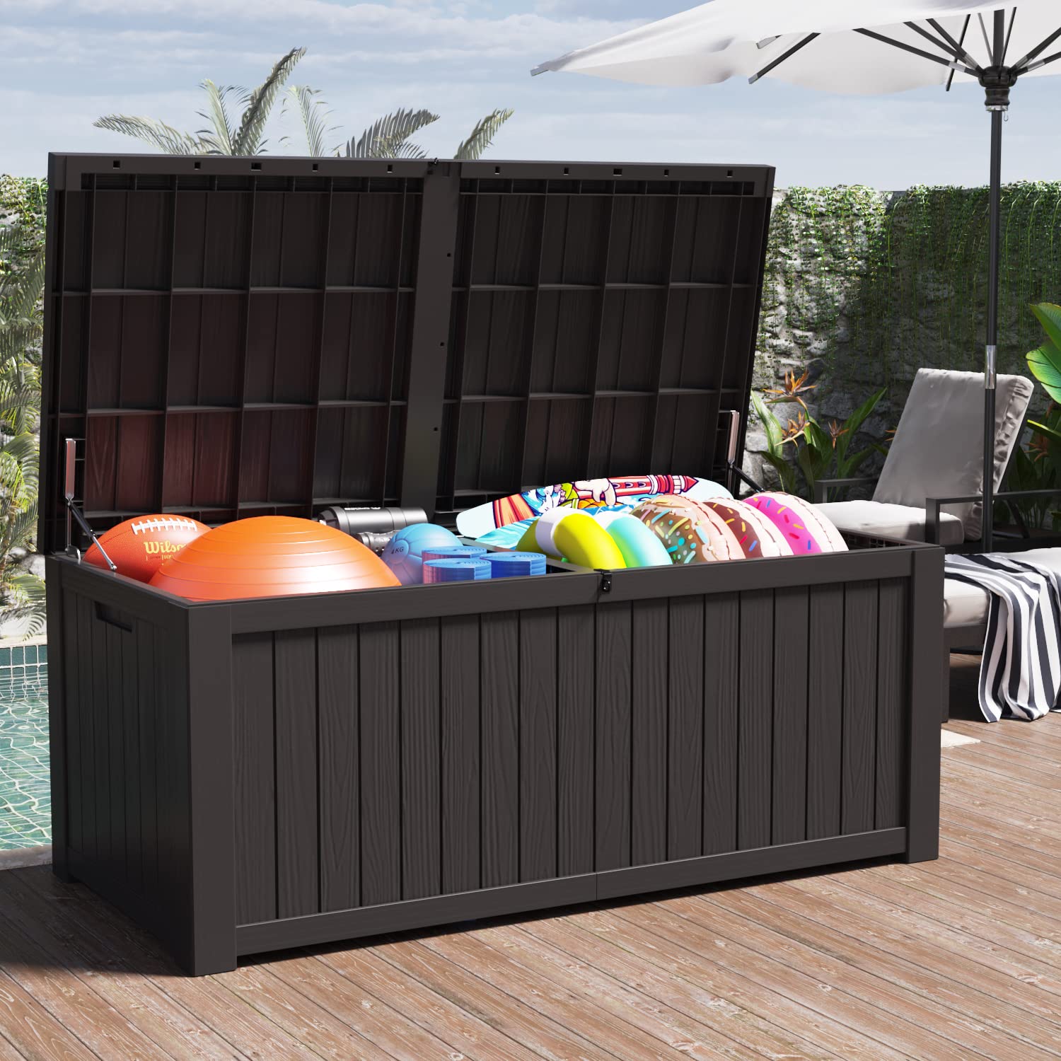 Greesum 150 Gallon Resin Deck Box Large Outdoor Storage for Patio Furniture, Garden Tools, Pool Supplies, Weatherproof and UV Resistant, Lockable, Black