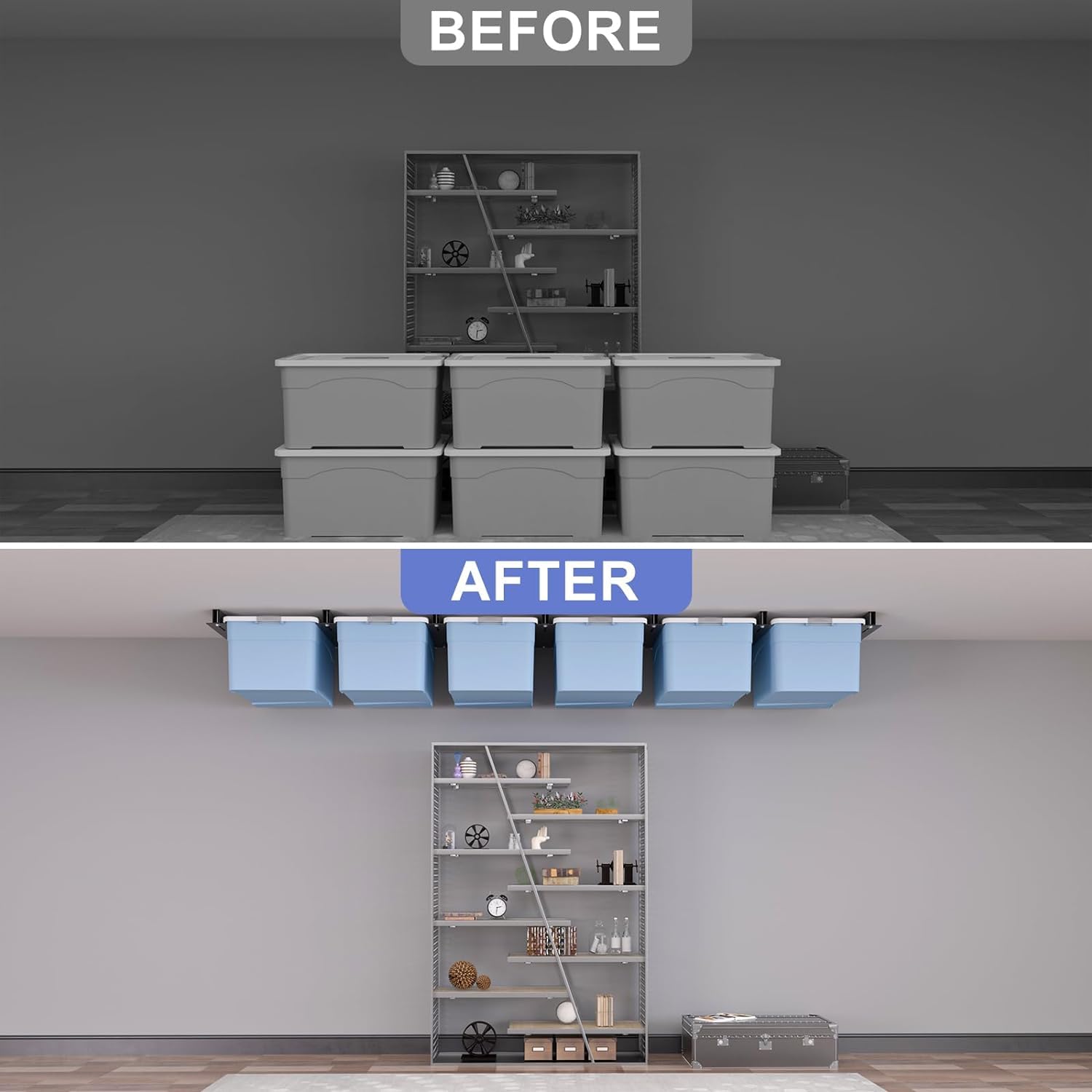Overhead Garage Storage Rack, Ceiling Racks for Utility Bins, Heavy Duty Ceiling Storage Racks, Storage Bins Organization Ceiling Rack Storage Rails System (5 Pack for 4 Bins, Bins are Not Included)