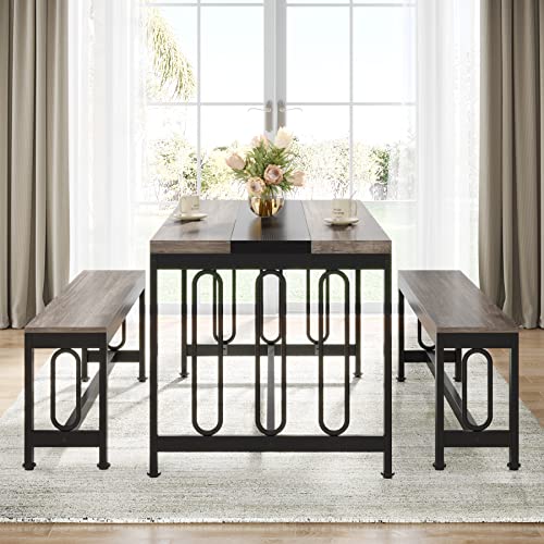 Tribesigns 55 Inch Dining Table Set for 4-6, 3-Piece Kitchen Table with 2 Benches, Space-Saving Dining Room Table Set for Home Kitchen, Restaurant, Grey