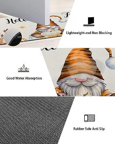 Thanksgiving Gnomes Bath Mat for Tub,Non Slip Bathroom Floor Runner Rug Quick Dry & Absorbent Diatomaceous Earth Shower Sink Kitchen Washable Doormat,Fall White Pumpkin Autumn Maple Leaves 18"x47"
