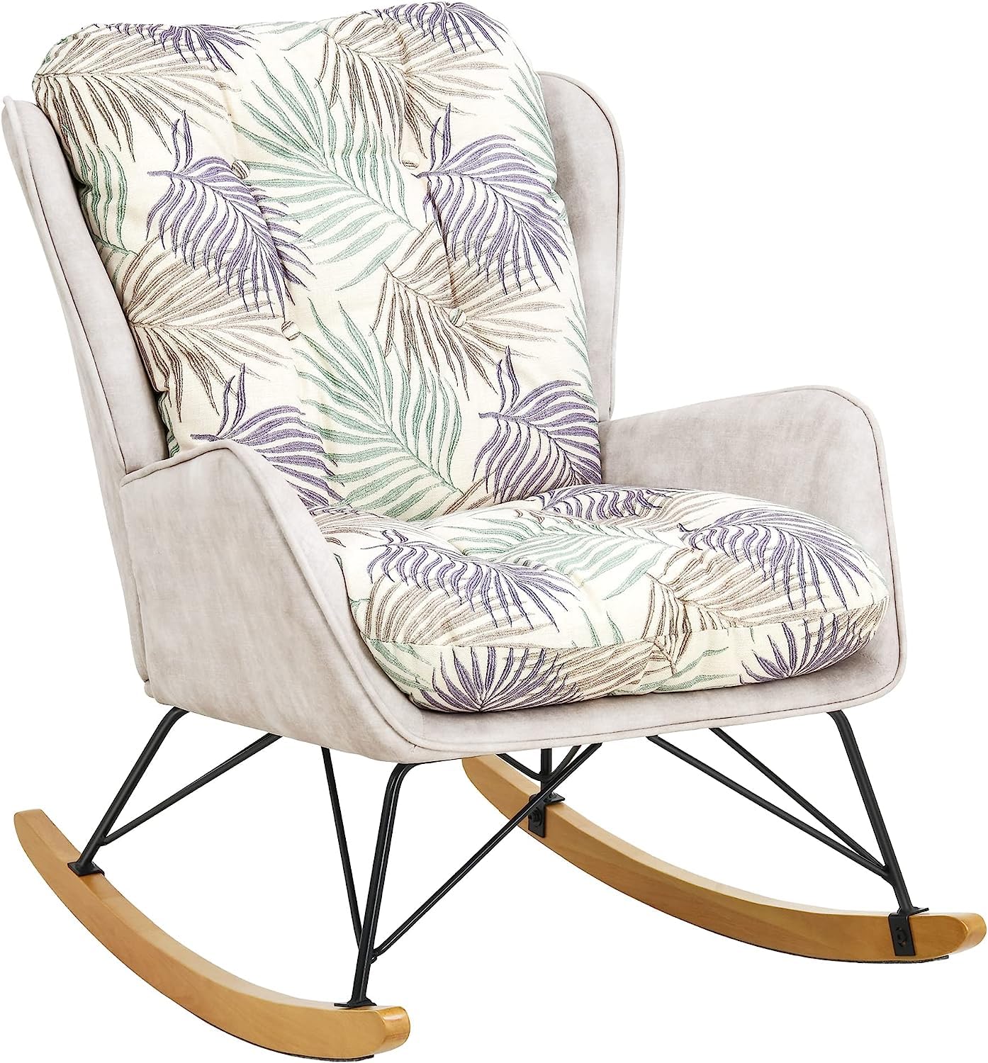 DWVO Modern Rocking Chair for Nursery, Thickened Removable Cushions Upholstered Glider Rocker Chair Armchair with Tall Back Comfy Side Chair Indoor for Living Room Bedroom, Beige