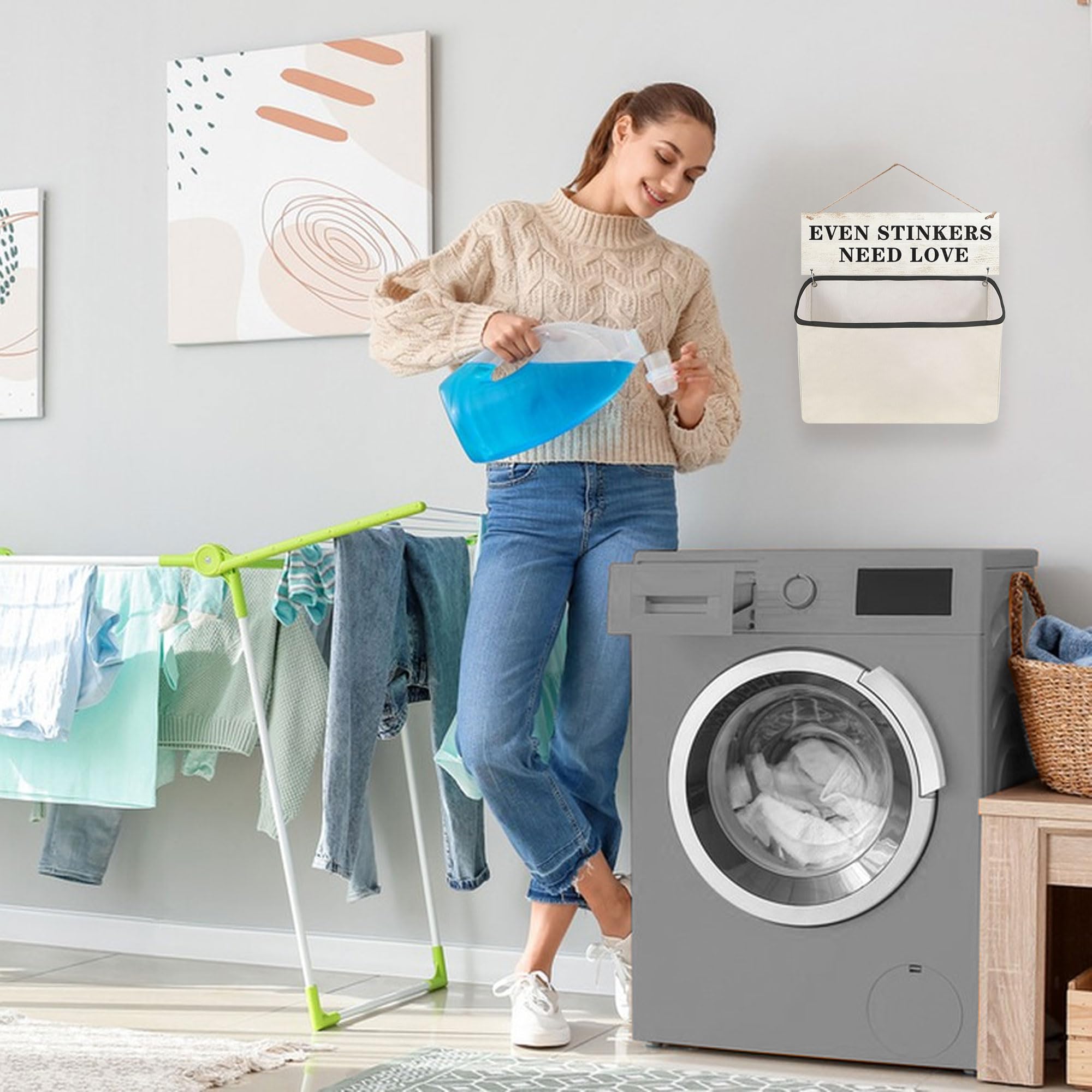 Laundry Room Decor and Organization: Wall-Hanging Lost Socks Storage Bag, Funny Wooden Sign - Single Canvas Basket for Sock Organization (DIRTY SOCKS GATHERING SPOT)