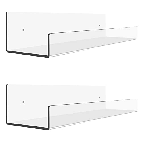 SUMAIDA Floating Shelf, Clear Acrylic Shelf 15" Invisible Floating Shelves Wall Mounted, 4" Wide Wall Ledge Kid Bookshelf, Clear Vinyl Record Shelf, Acrylic Album Record Holder Display Rack (2)