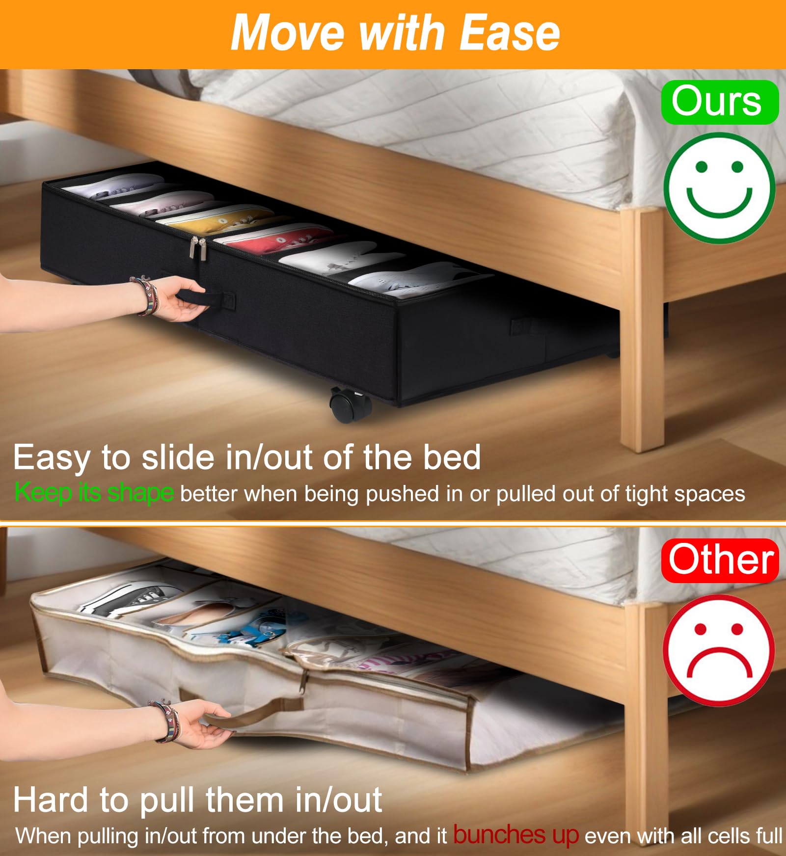 punemi Under Bed Shoe Storage Organizer With Wheel & Adjustable Dividers, Underbed Shoes Boot Closet Storage Solution Containers - Side & Bottom Support & 3 Handles, Up To 12 Shoes, 29.5"X23.6"X7.9"