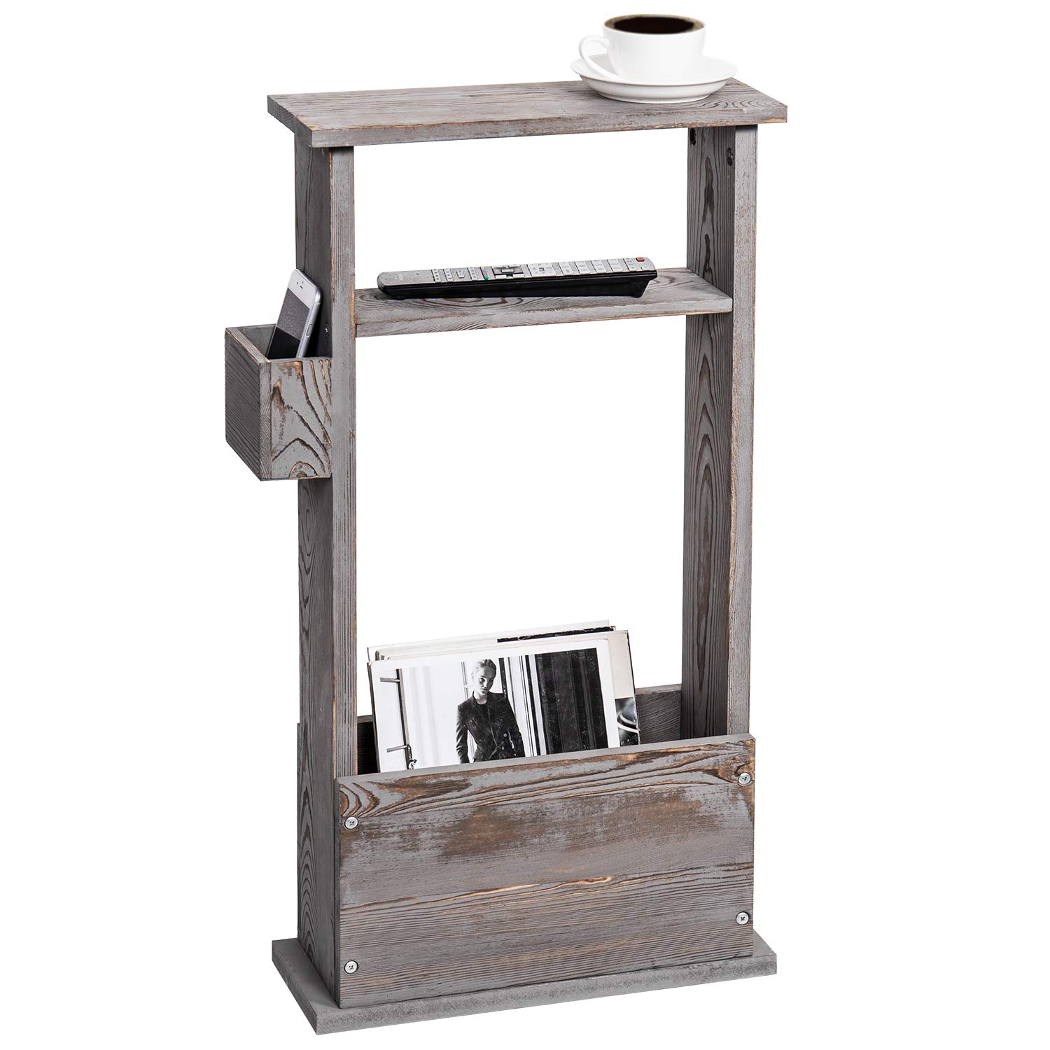 MyGift Narrow Side Table, Slim End Sofa Table in Vintage Gray Wood with Storage Shelf, Magazine and Remote Holder
