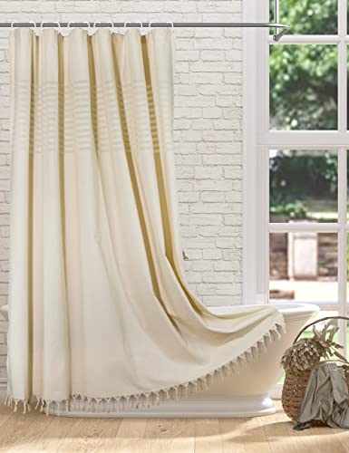 SUMGAR Cotton Shower Curtain Boho Farmhouse Shower Curtains for Bathroom with Tassels & Jacquard Striped Window, Beige Fabric Fringe Shower Curtain Set with Hooks, 72" x 72"