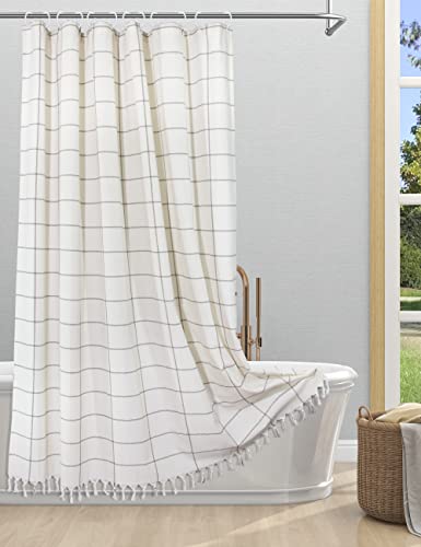 SUMGAR Cotton Shower Curtain Boho Farmhouse Shower Curtains for Bathroom with Tassels & Hooks, White Fabric Grey Checkered Bohemian Fringe Shower Curtain Set, 72" x 72"