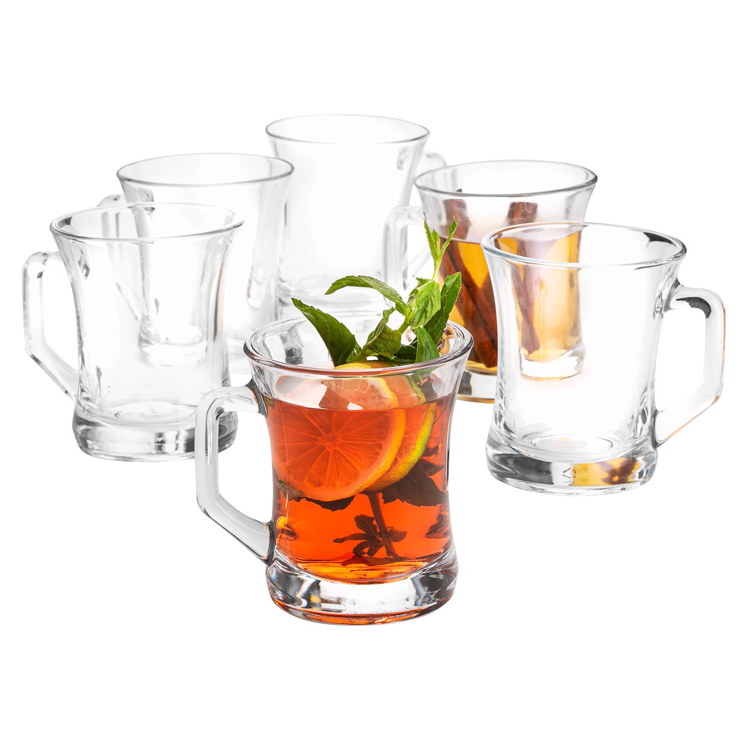 Glass Coffee Mugs for Hot Beverages with Handle, 7 ½ Ounce Hot or Cold Drinks, Glass Tea Cup, Turkish Tea Glasses, Set of 6,