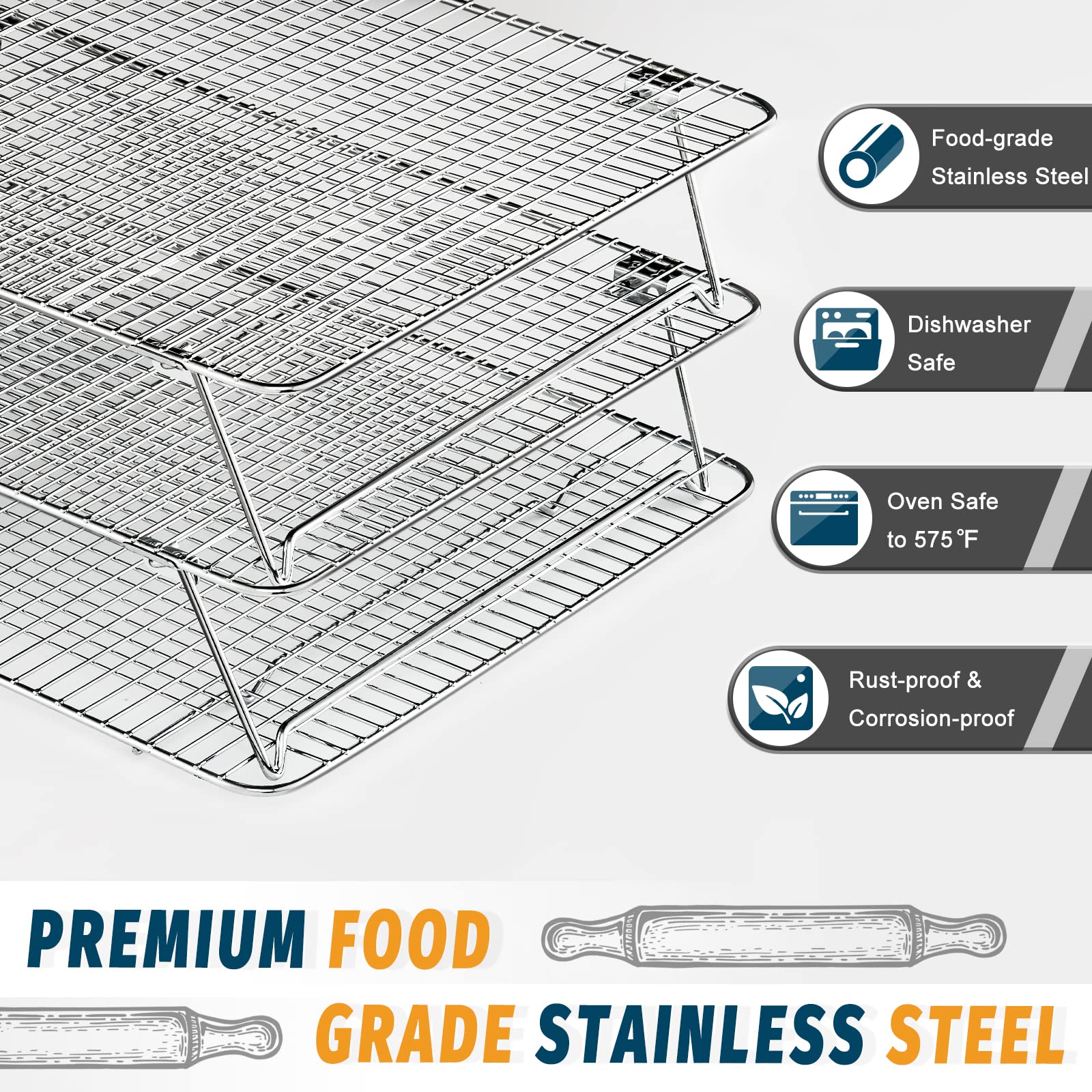HIWARE Stainless Steel Stackable Cooling Rack for Baking, 3 Tier 12βx 16.5β,Oven & Dishwasher Salf and Fit Half Sheet,Wire Cooling Racks for Cookie, Pizza, Cake