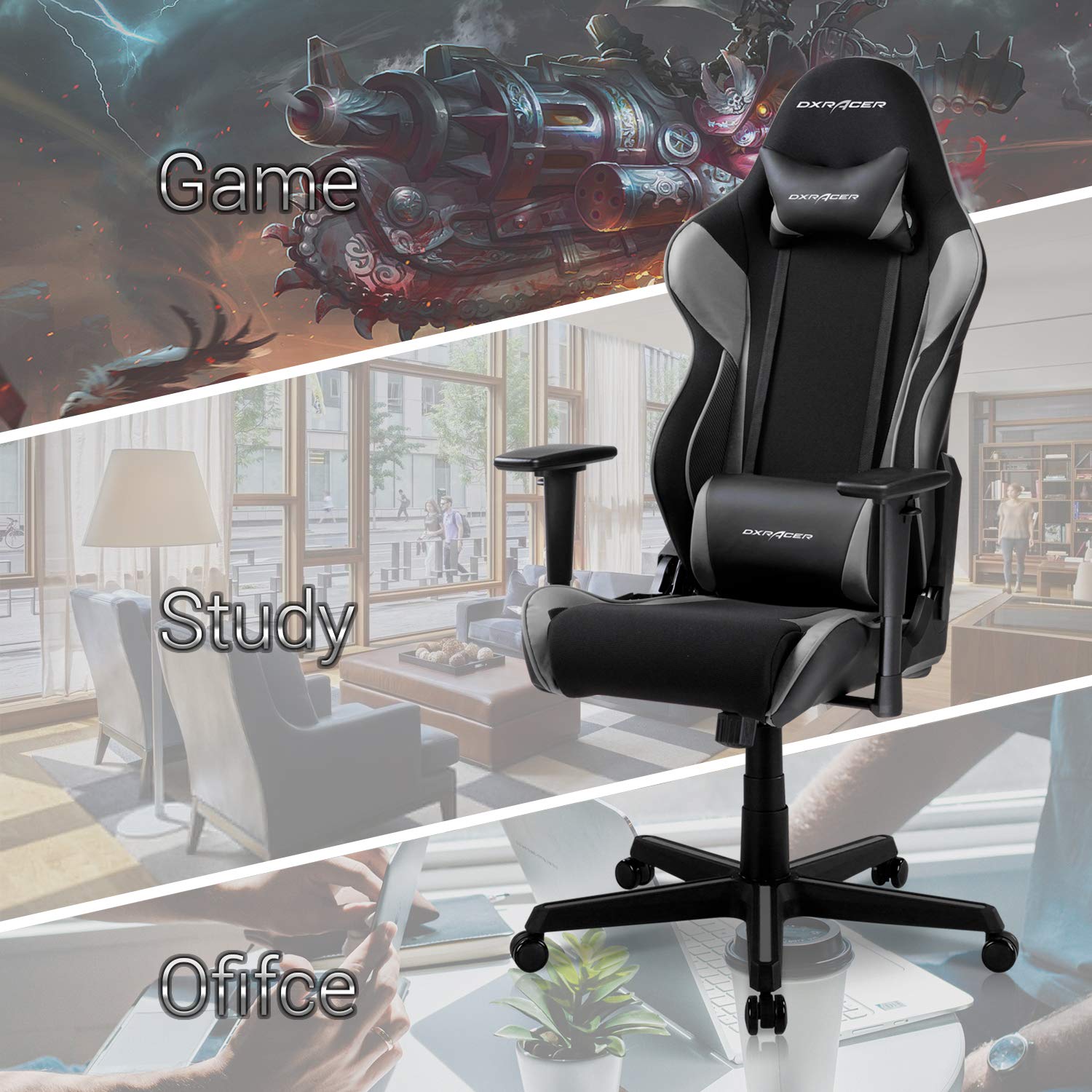 DXRacer Master Suede Racing Series Adjustable Ergonomic Computer Gaming Home Office Leather Desk Chair with Lumbar Support, Swivel Base, Wheels, and Headrest, Extra Large, Black and Grey