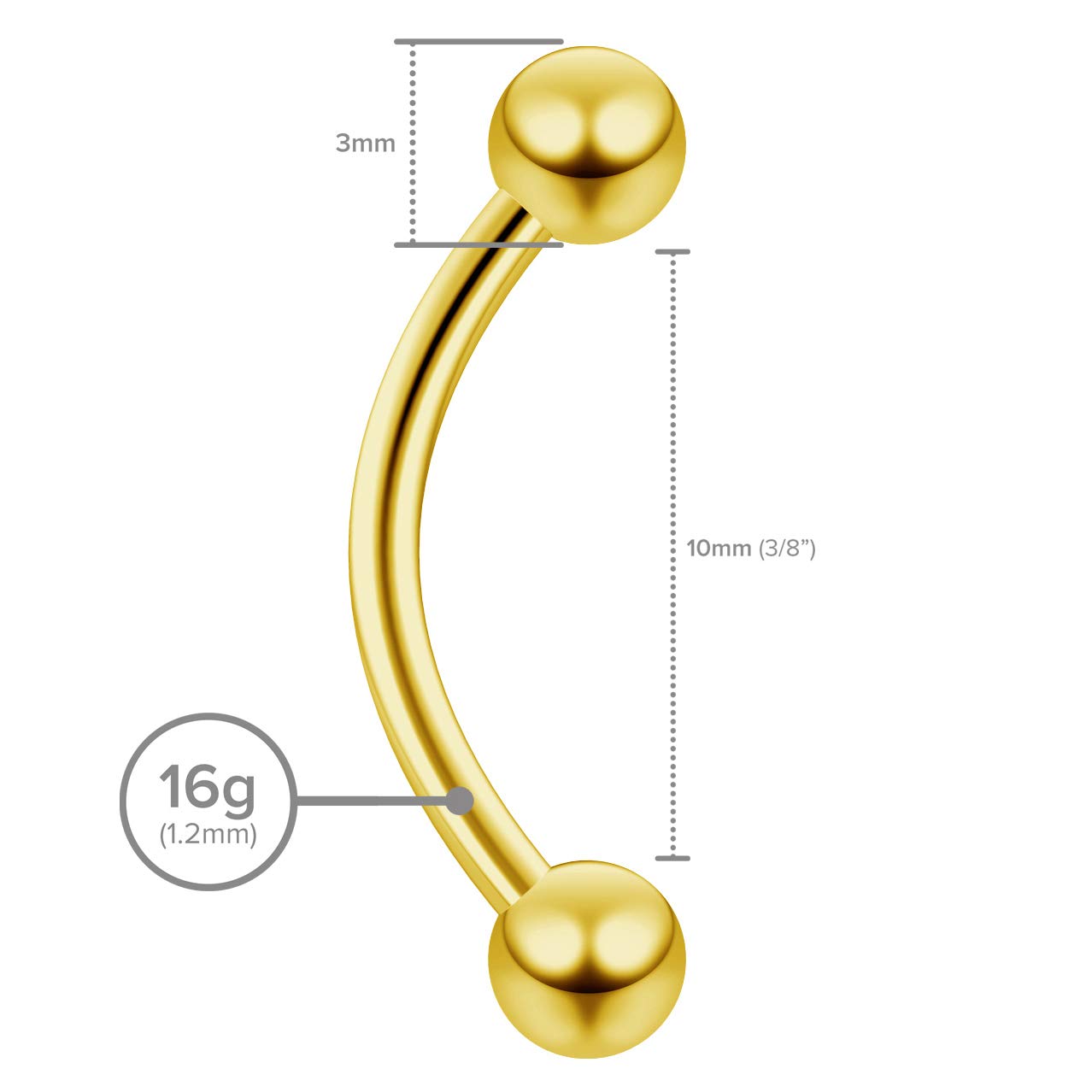 Evonix 2pc 16g Gold Anodized Surgical Steel Curved Barbell 3mm Ball Eyebrow Belly Bar Lip Tragus Ring Piercing Jewelry - 10mm