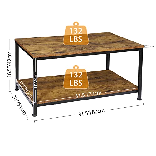 SUPER DEAL 2-Tier Industrial Coffee Table with Storage Shelf for Small Apartment Living Room, Rectangle Wood and Stable Metal TV Stand Side End Table, Retro Brown